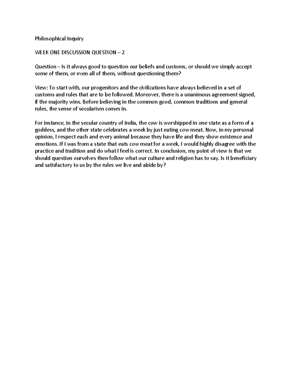 Discussion Question - Questioning Beliefs and Customs - Philosophical ...