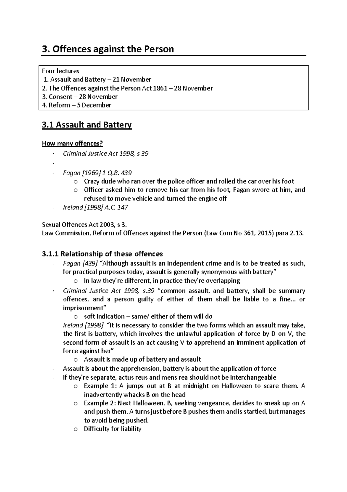 Offences Against the Person notes - 3. Offences against the Person Four ...