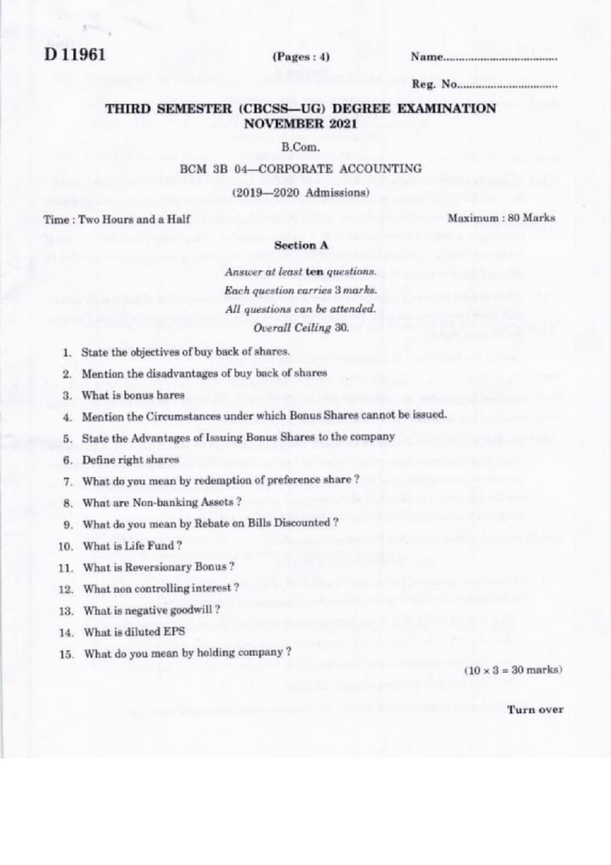 Corp Accounting BCOM previous question paper - corporate accounting ...