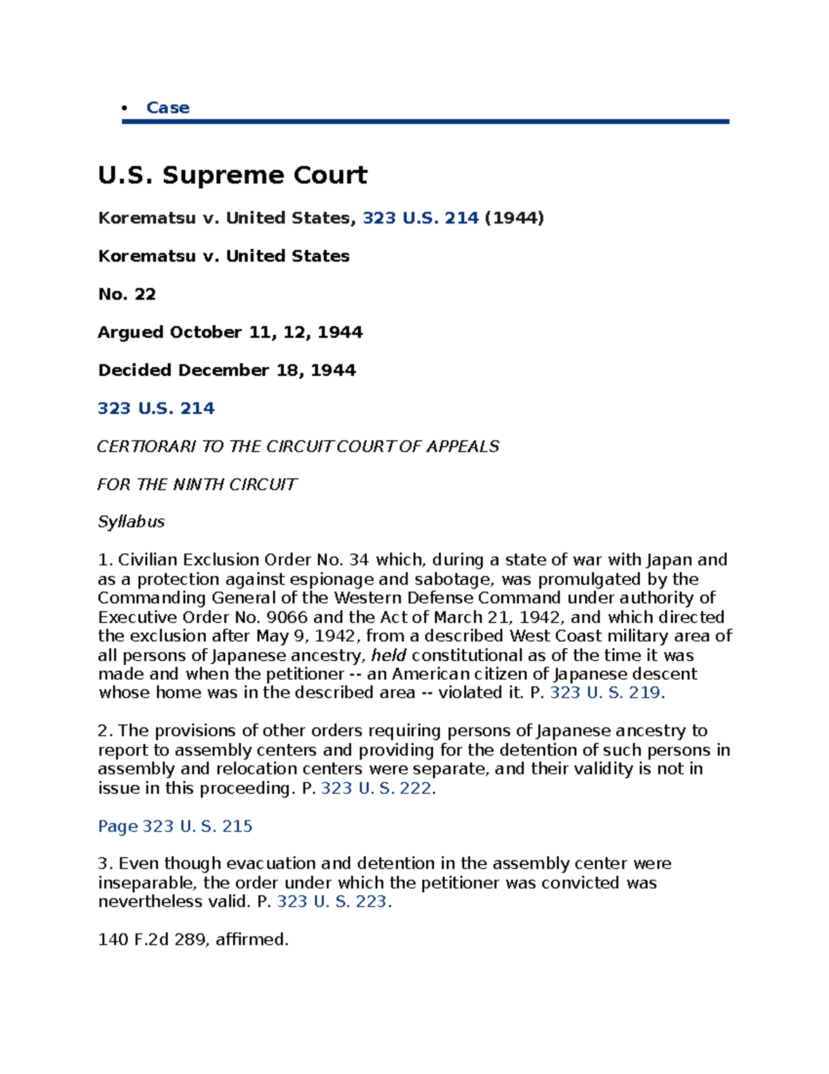 Korematsu v. US Case - US Cases - Case U. Supreme Court Korematsu v ...