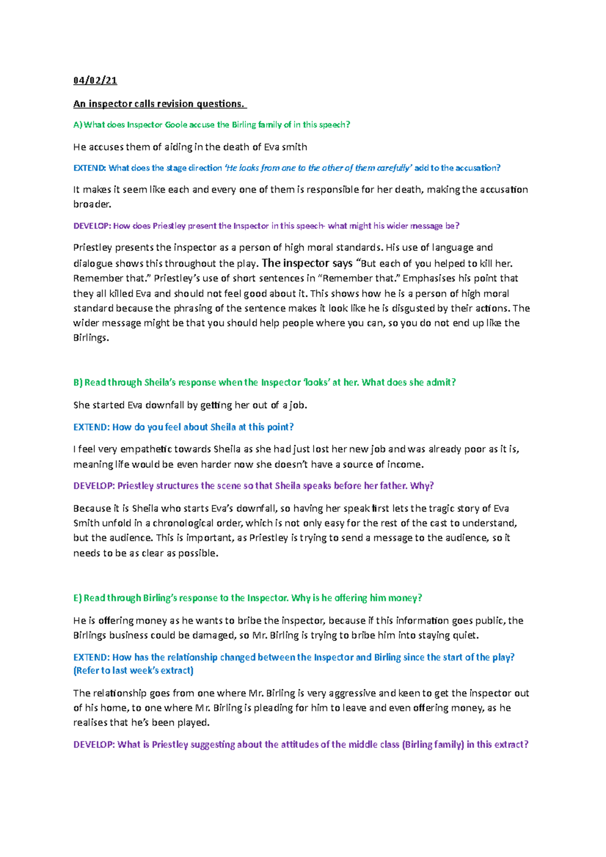 Inspector calls revision questions GCSE - ENG00079M - York - Studocu