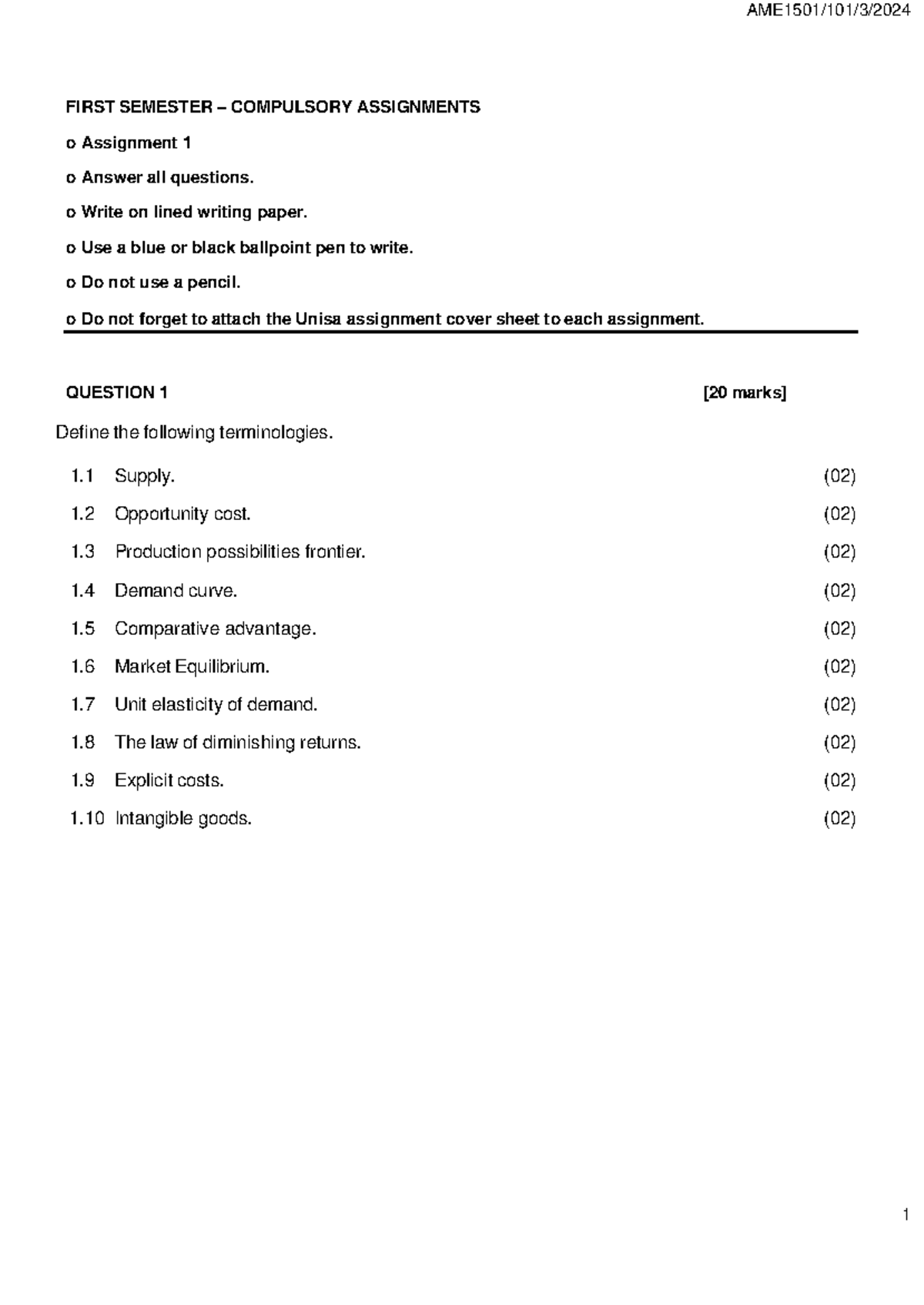 AME1501 ASS1 2024 - AME1501/101/3/ 1 FIRST SEMESTER – COMPULSORY ...