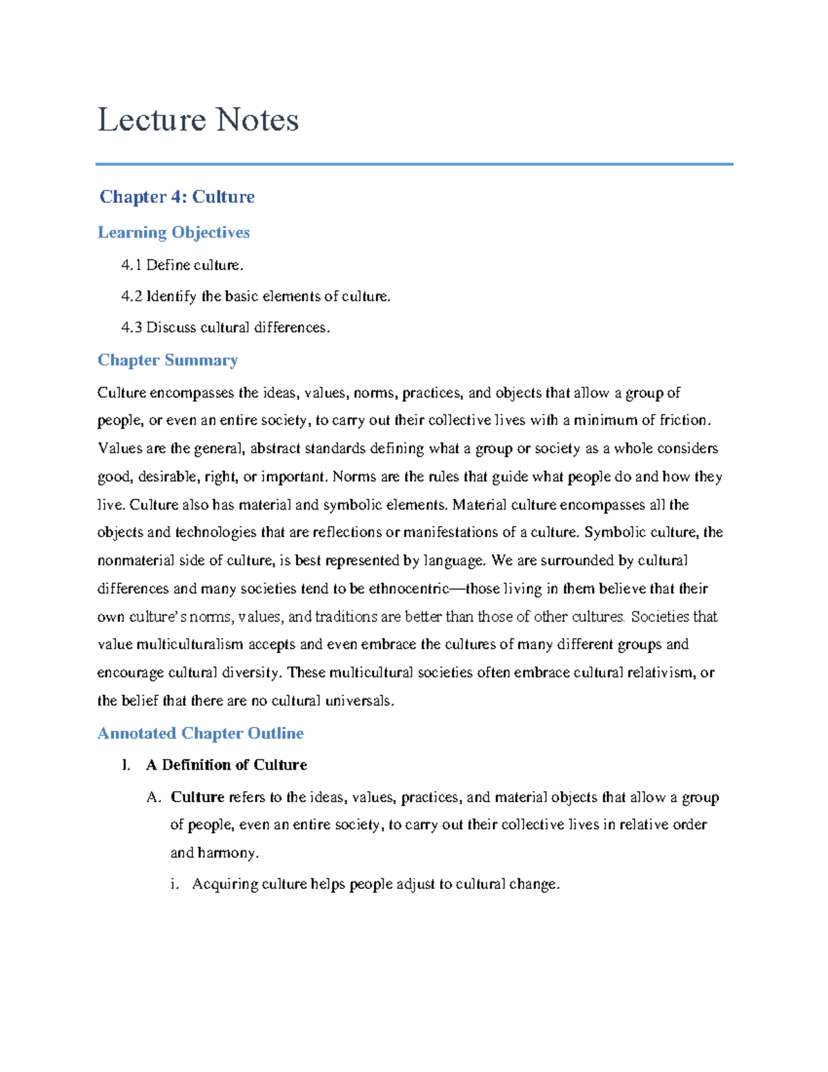 Week 4 notes 1 - Lecture Notes Chapter 4: Culture Learning Objectives 4 ...