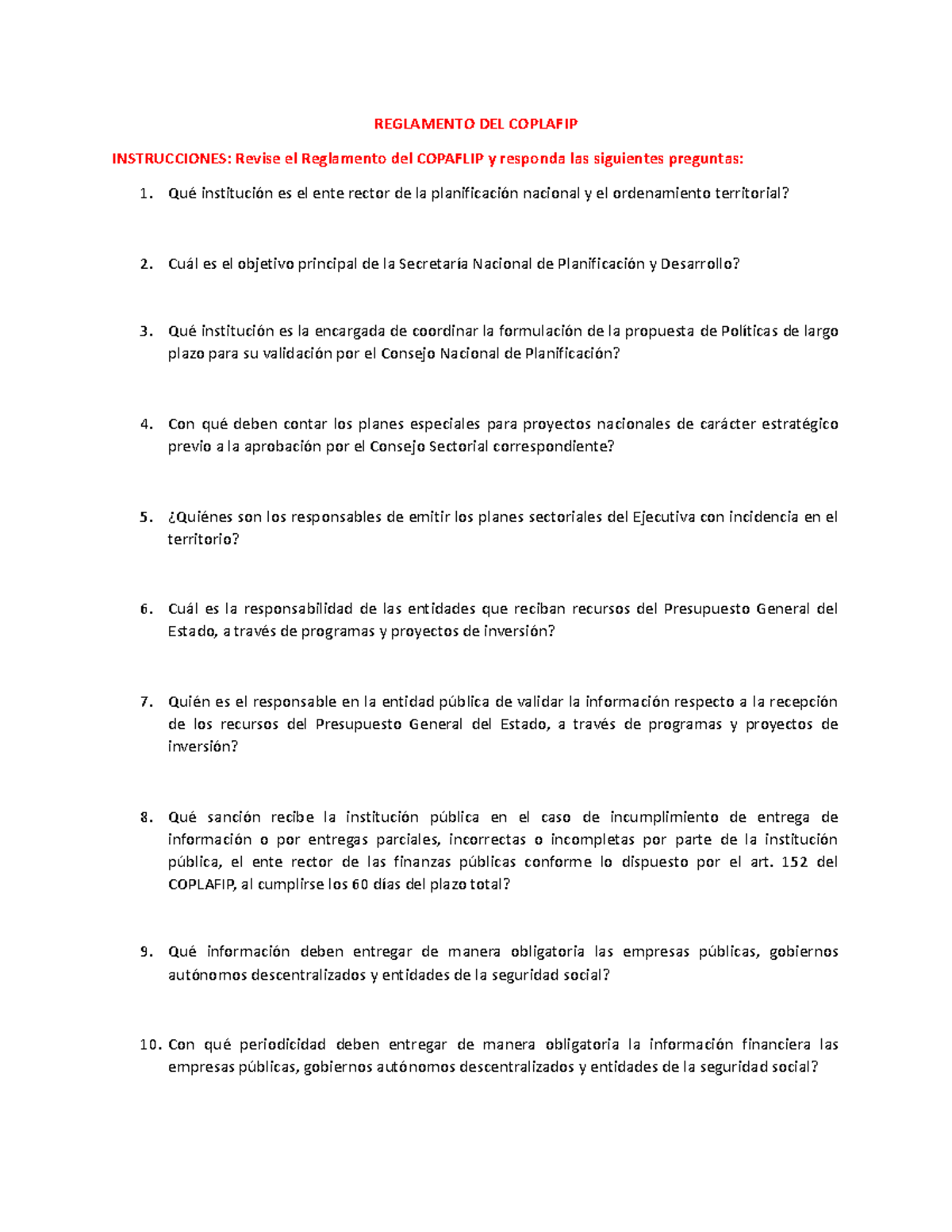 Preguntas del Reglamento del Coplafip resolver - REGLAMENTO DEL ...