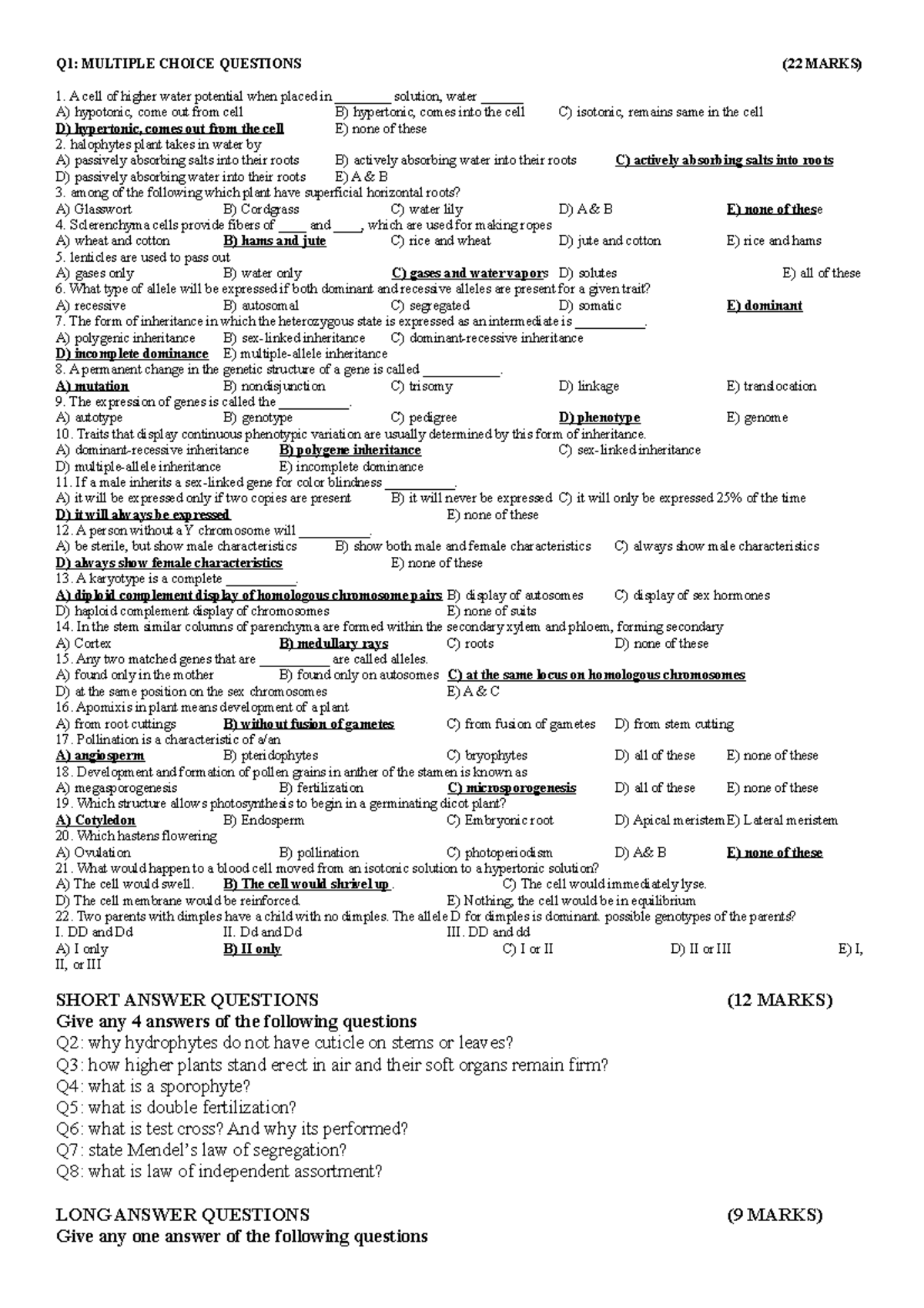 nutrition paper - Q1: MULTIPLE CHOICE QUESTIONS (22 MARKS) A cell of ...
