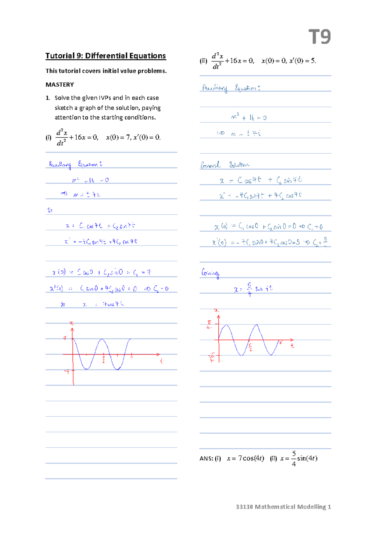 33130 T9 Solutions - Tutorial 9: Differential Equations This tutorial ...