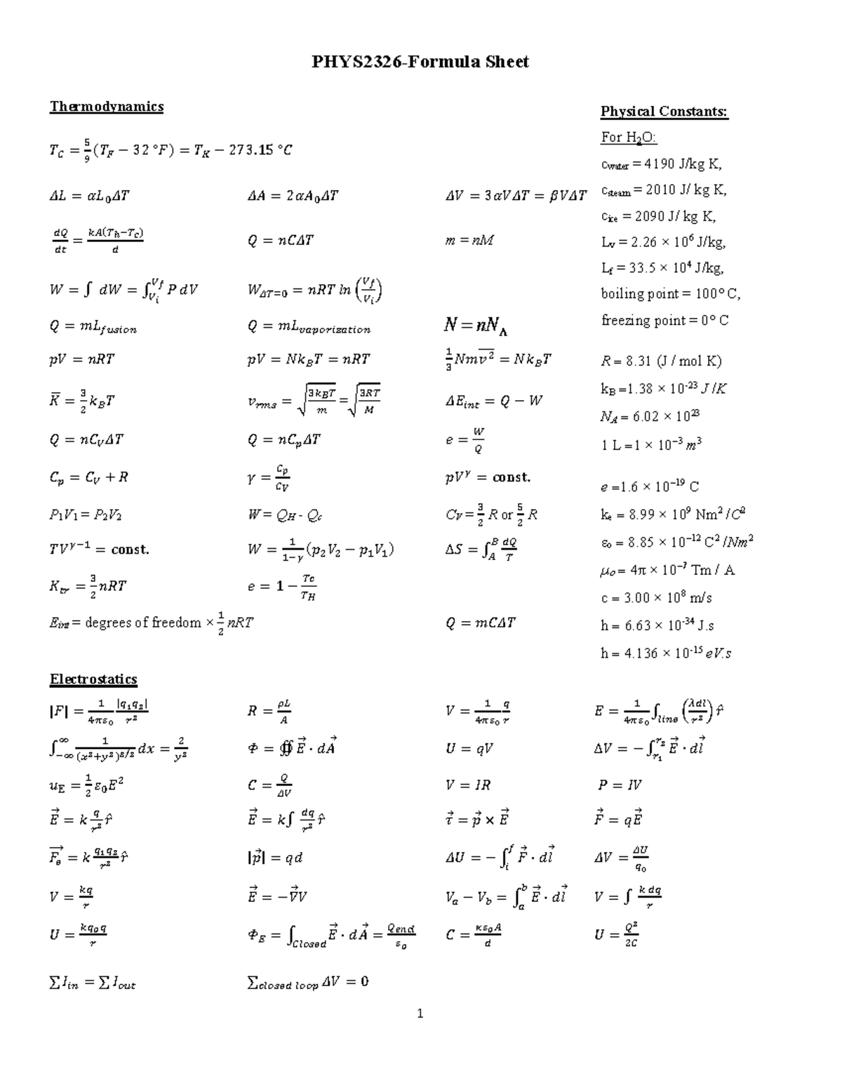 Physics 2326-Formula-2023 - 1 PHYS2326-Formula Sheet Thermodynamics ...