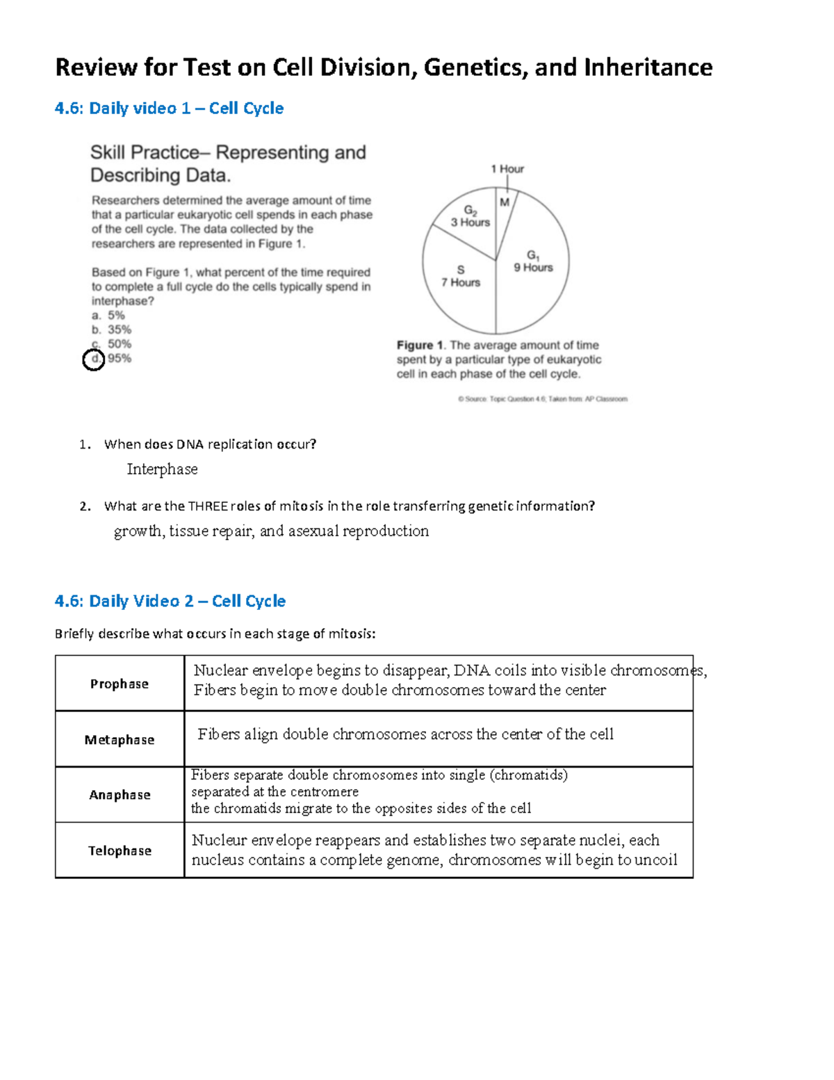 Cell Division, Genetics, and Inheritance Review - Review for Test on ...