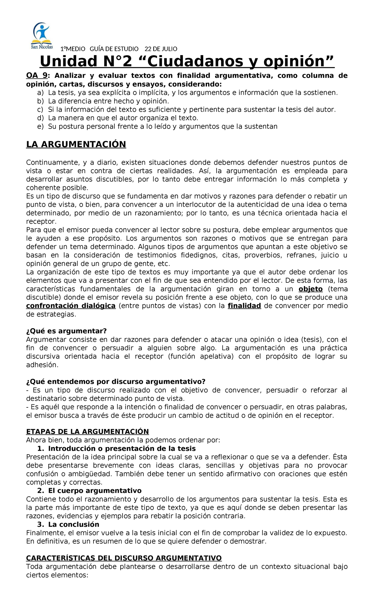 1°- Medio- Unidad 2 GUIA 1 - Unidad N°2 “Ciudadanos y opinión” OA 9 ...