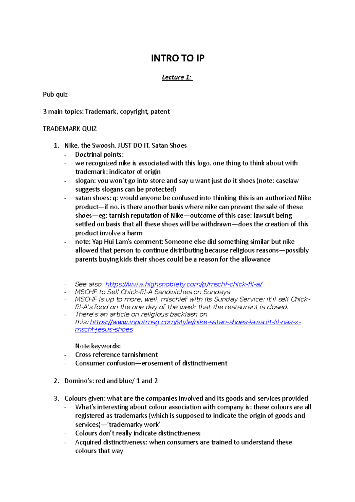 Intro TO IP - INTRO TO IP Lecture 1: Pub quiz 3 main topics: Trademark, copyright, patent ...