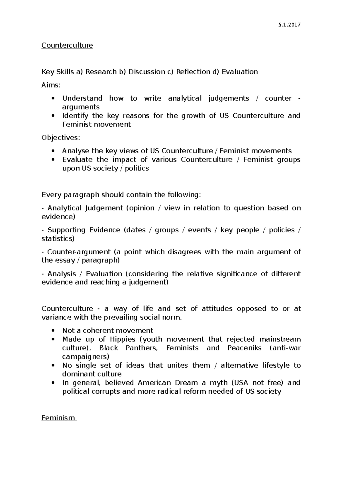 H 5 - Lesson work for American Dream lessons - 5.1 Counterculture Key ...