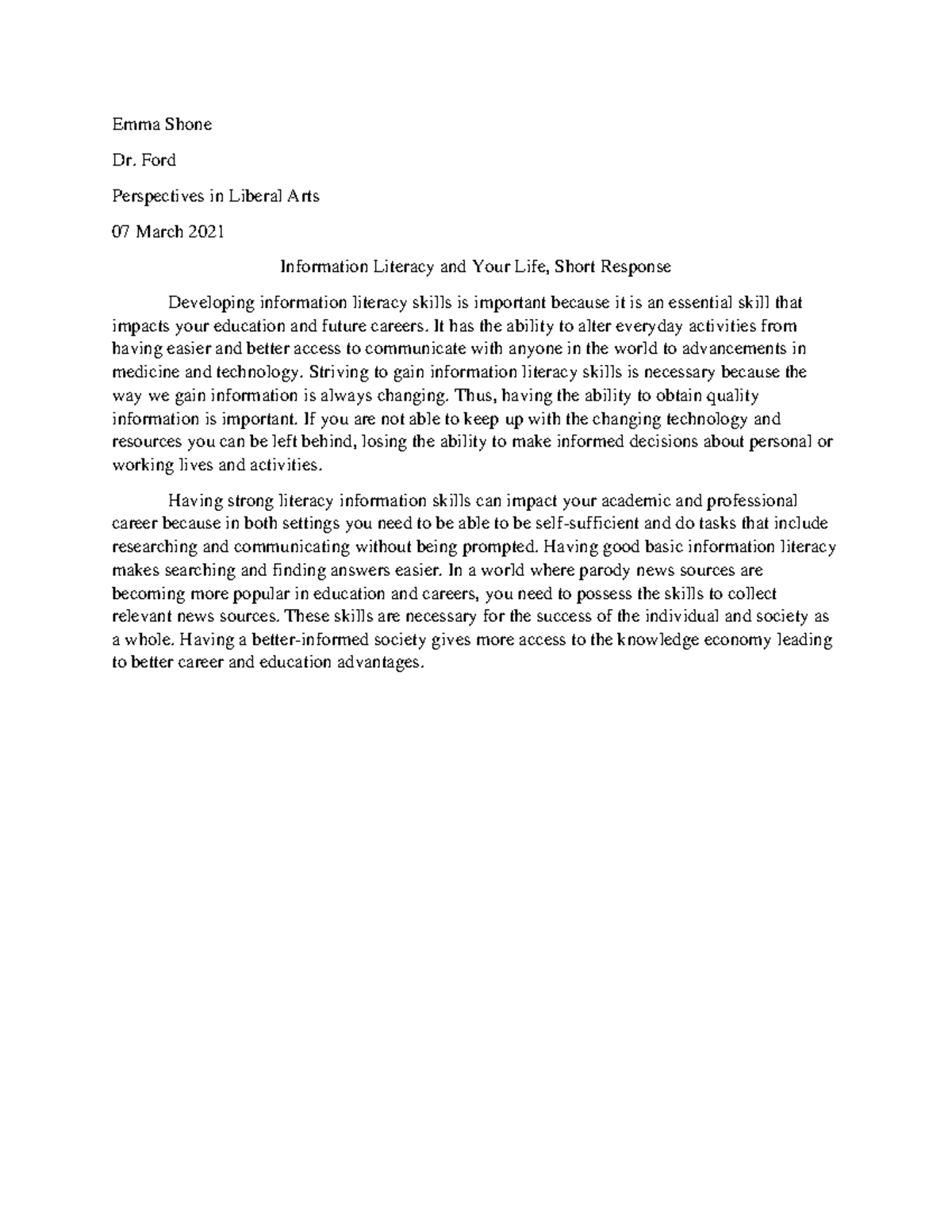 Short response; Emma Shone - Emma Shone Dr. Ford Perspectives in ...