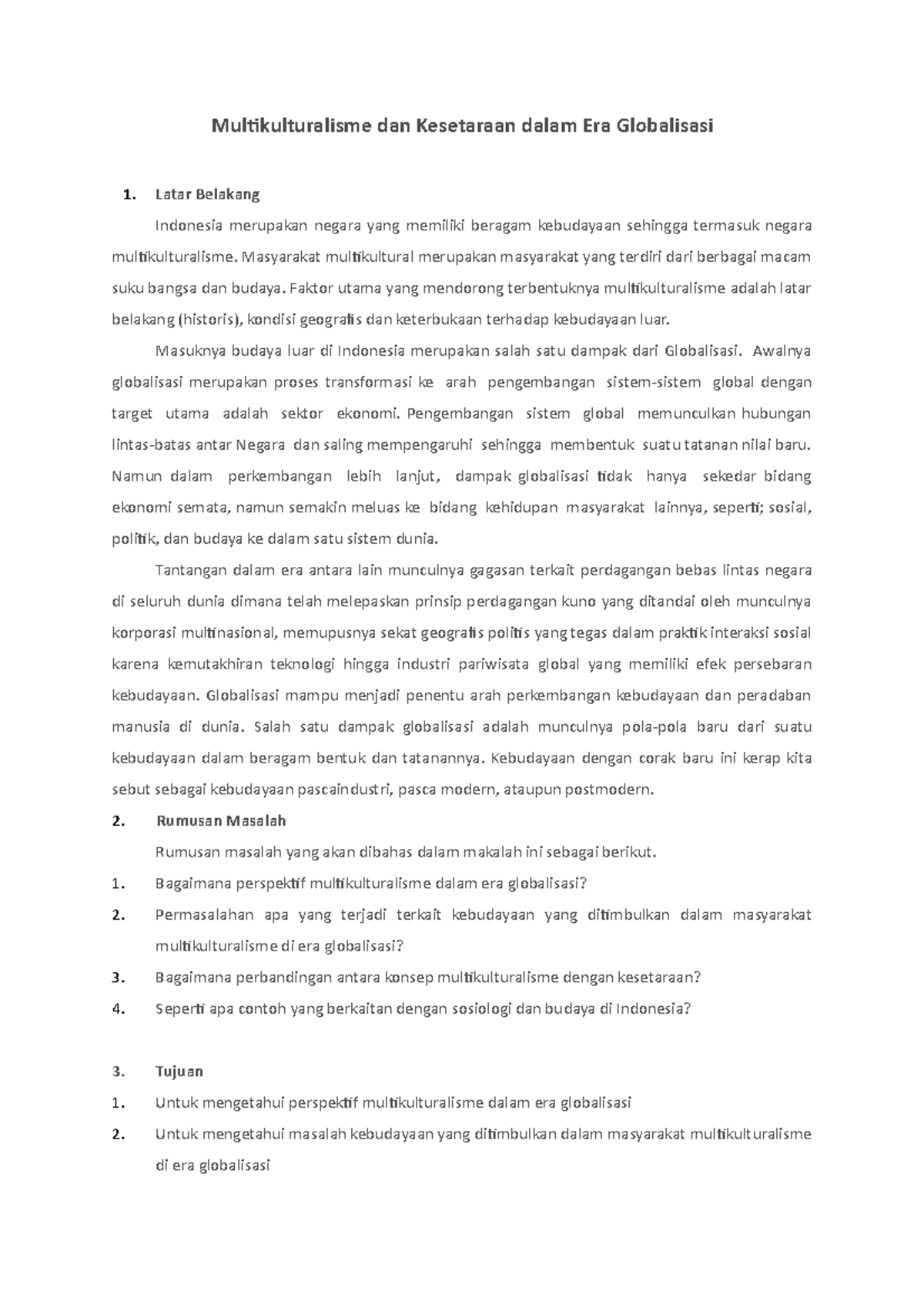 Tugas IV Ilmu Sosial dan Budaya Dasar - Multikulturalisme dan Kesetaraan dalam Era Globalisasi ...