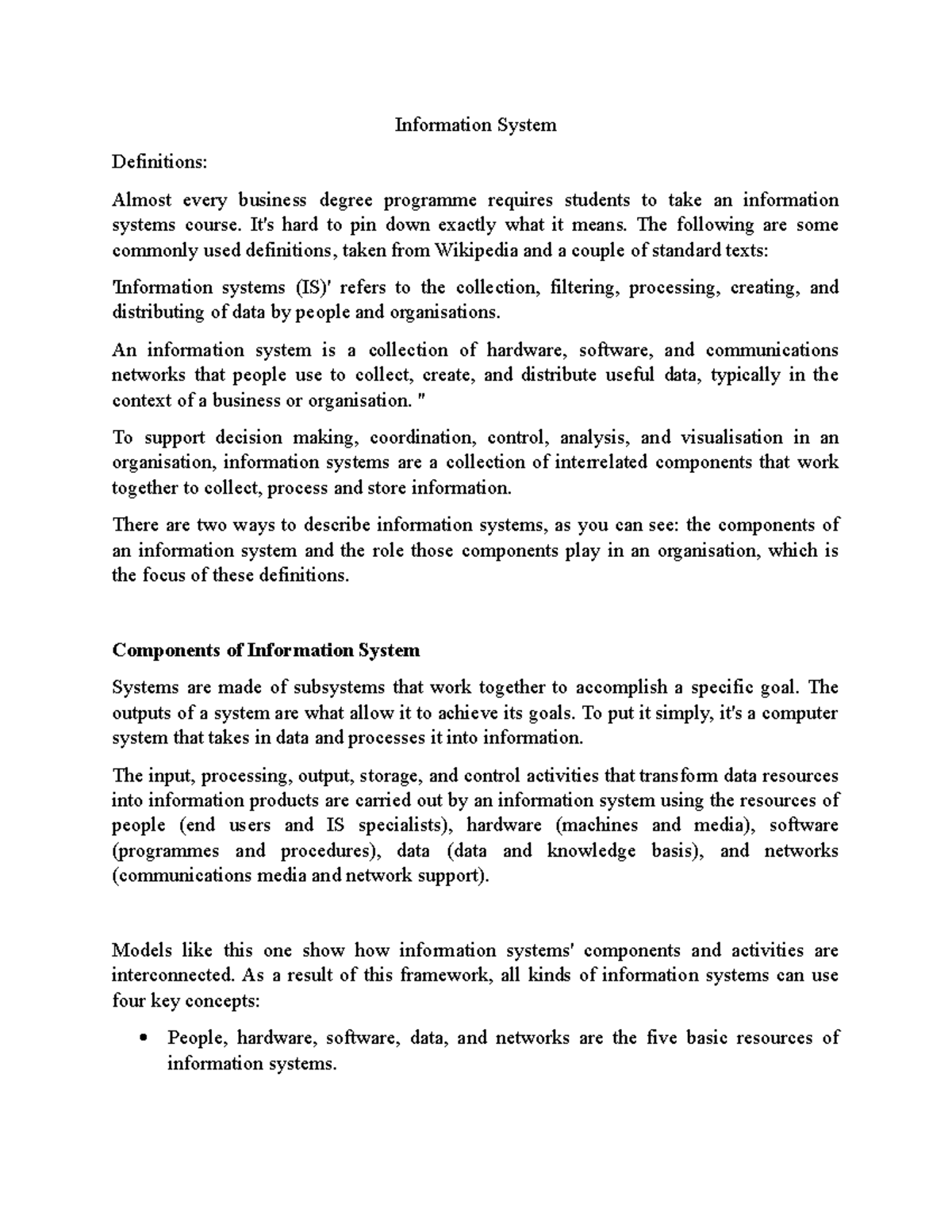 Information System - Lecture notes 1 - Information System Definitions ...