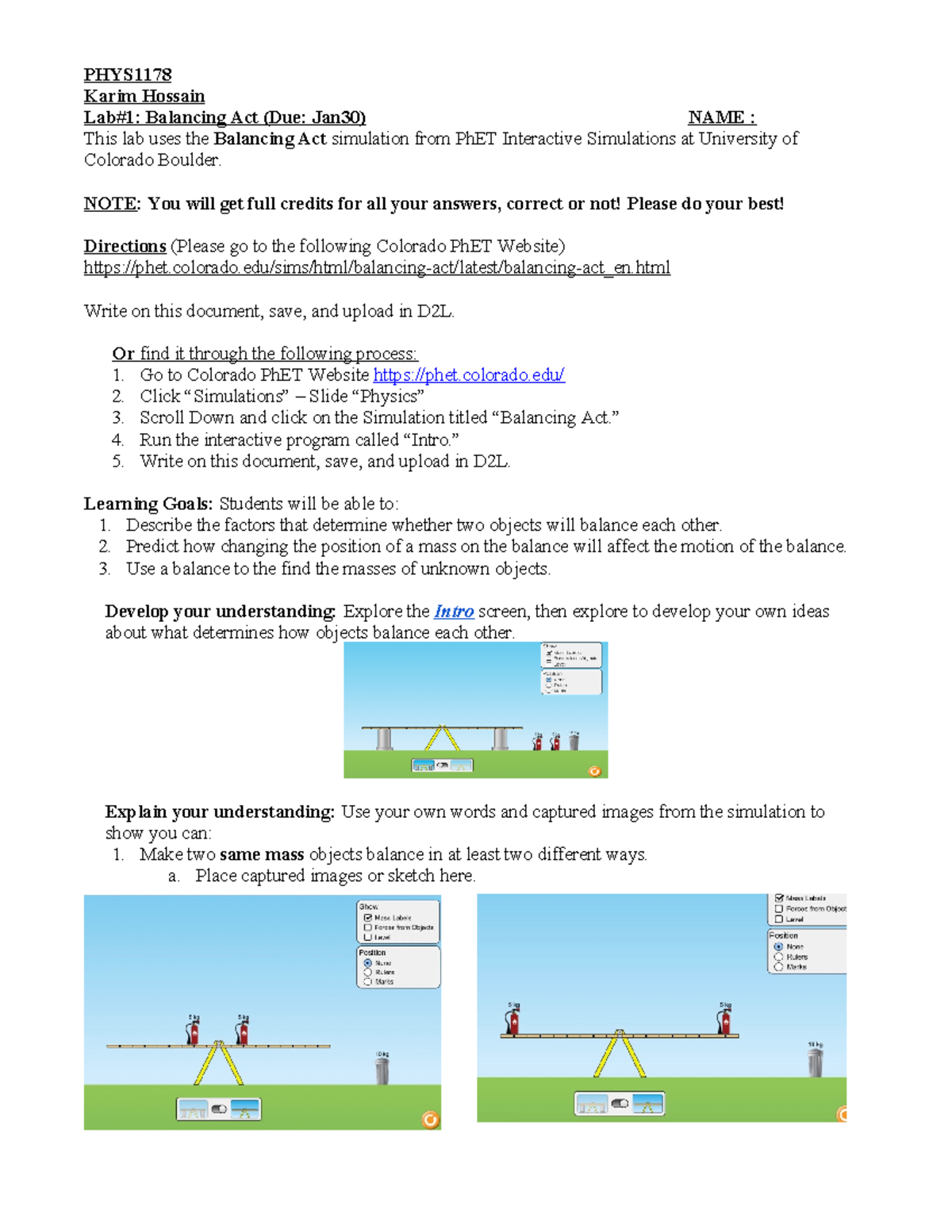 PHYS1178 no name - lab 3 - PHYS Karim Hossain Lab#1: Balancing Act (Due ...