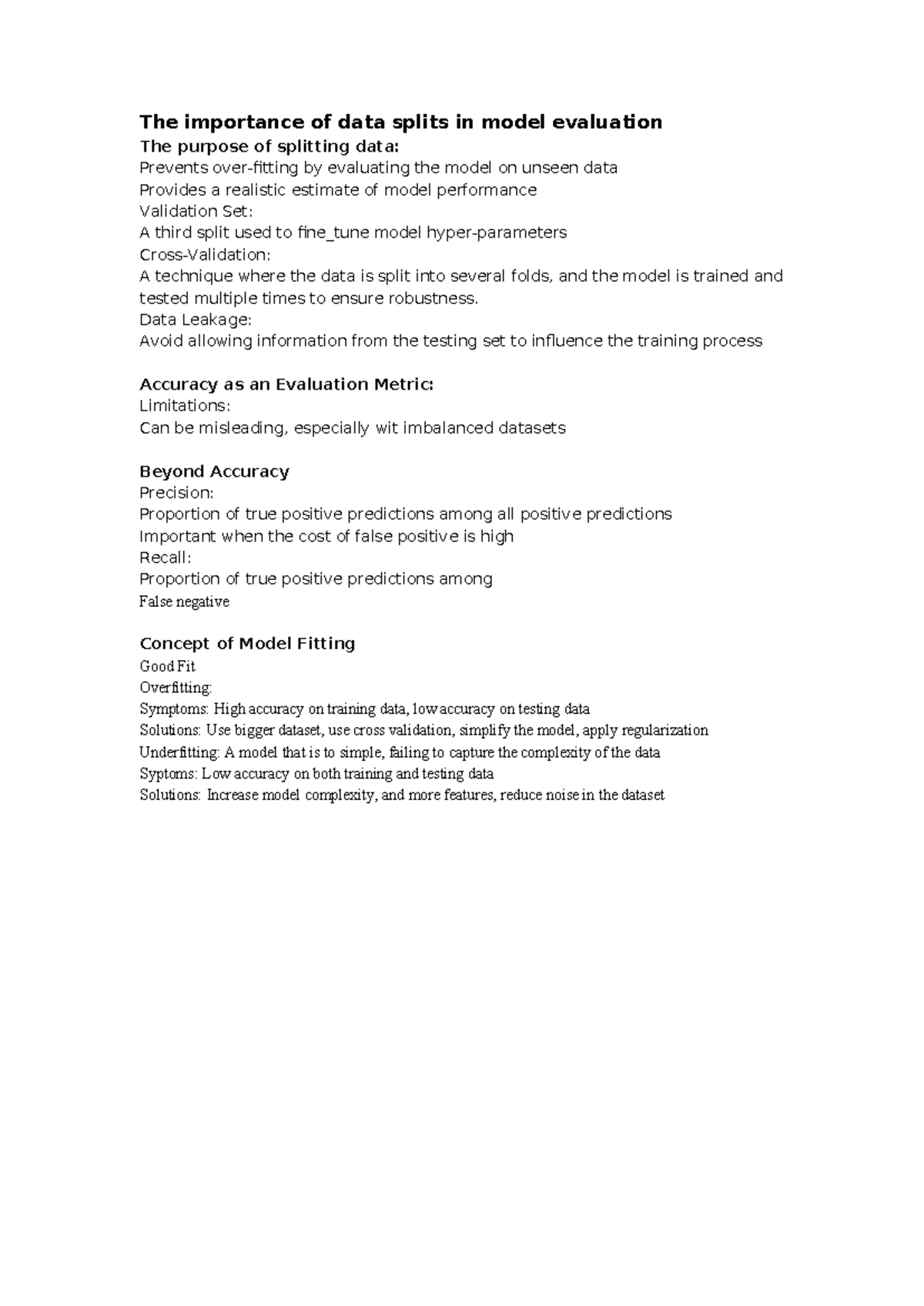Data Lec Machine Learning - The importance of data splits in model evaluation The purpose of ...