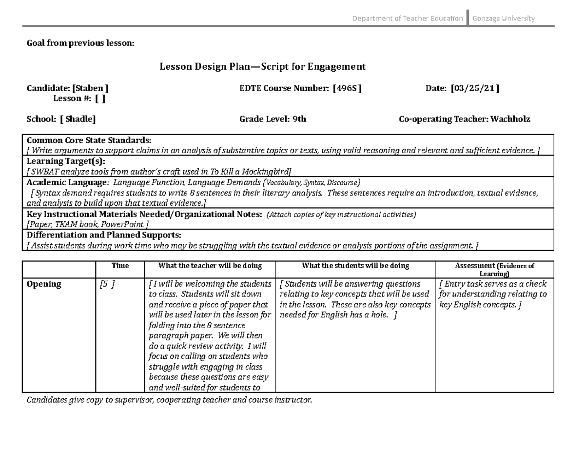 8 Sentence Lesson Plan - Student teaching work - Department of Teacher ...
