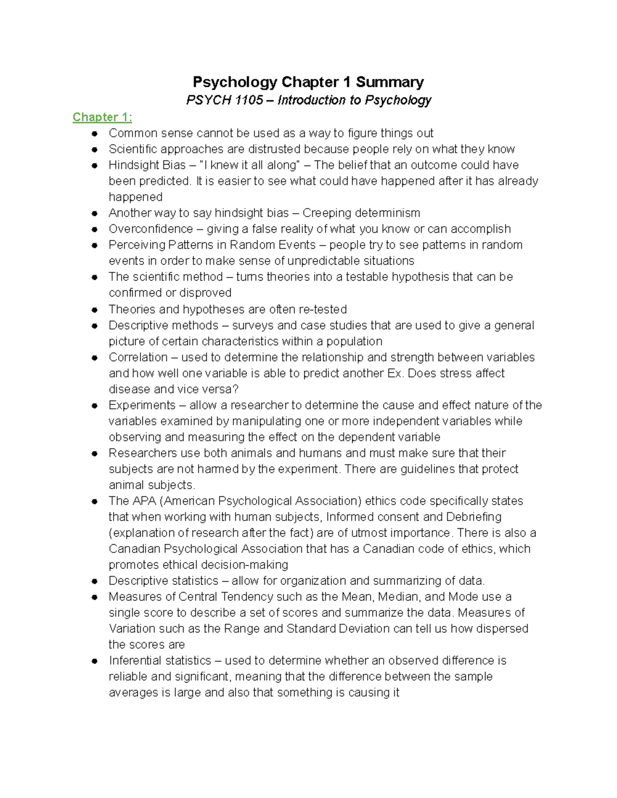 Psychology Chapter 1 Summary - Psychology Chapter 1 Summary PSYCH 1105 – Introduction to ...