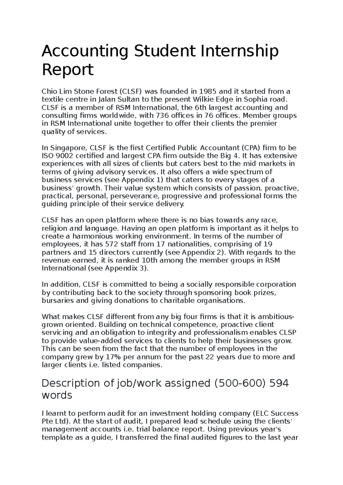 Accounting Student Internship Report CLSF Is A Member Of RSM