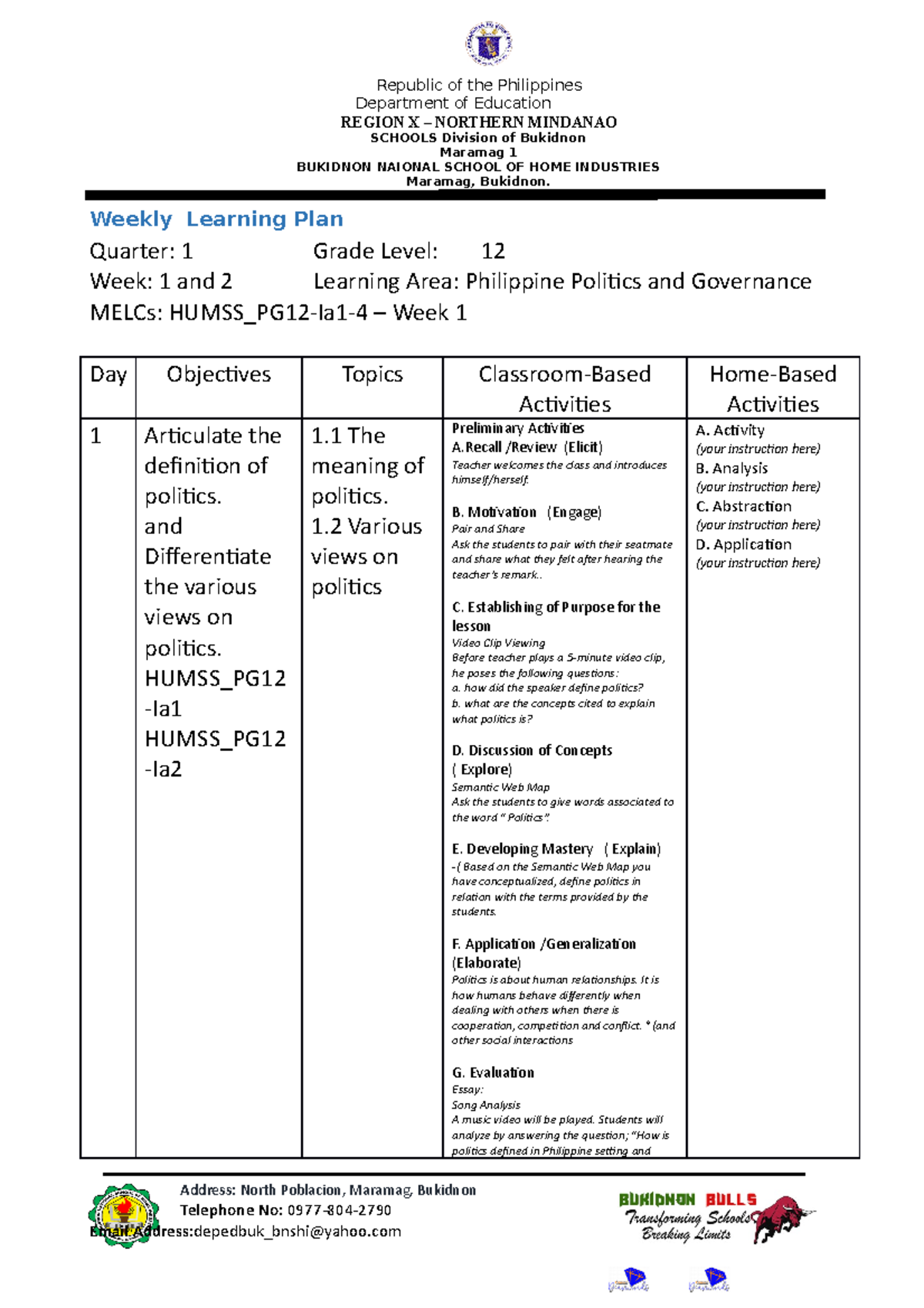 New Weekly Learning Plan for SHS Teachers - Department of Education ...