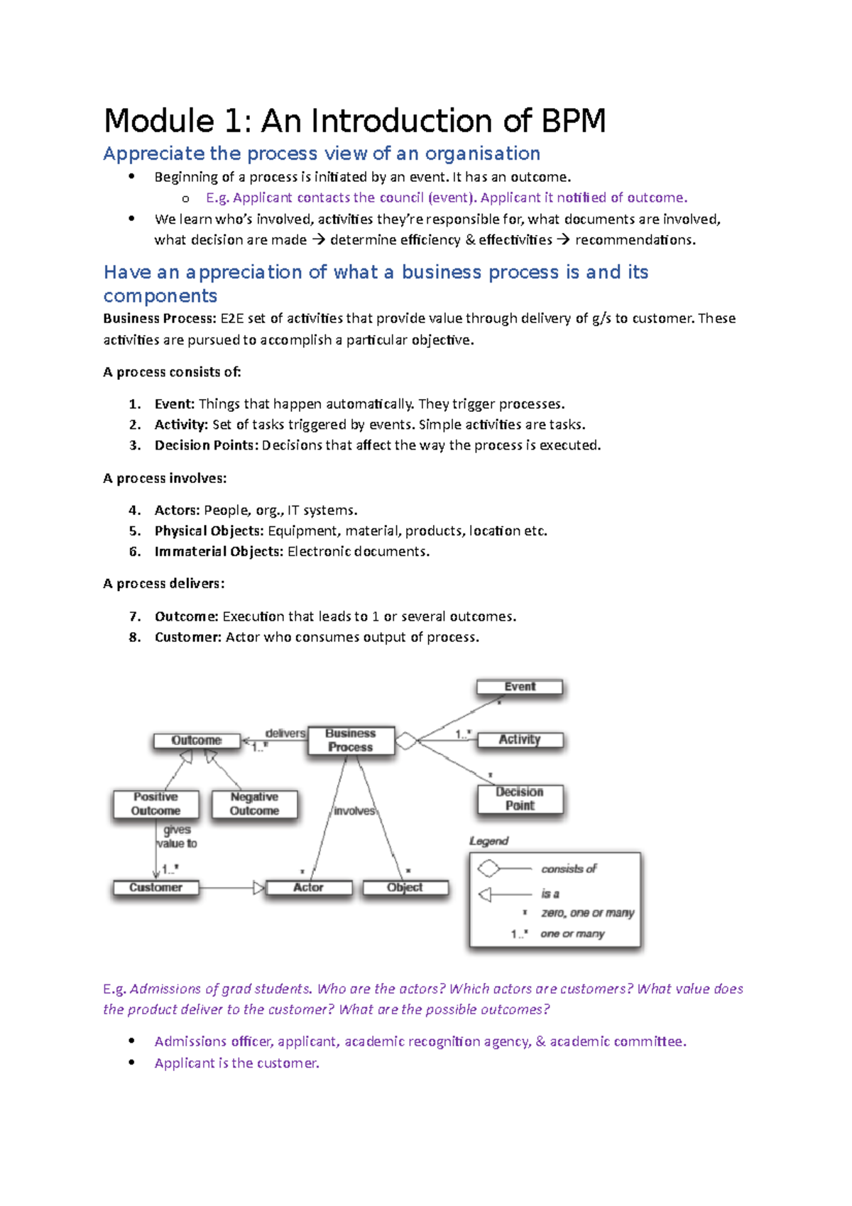 Notes - Module 1: An Introduction of BPM Appreciate the process view of ...