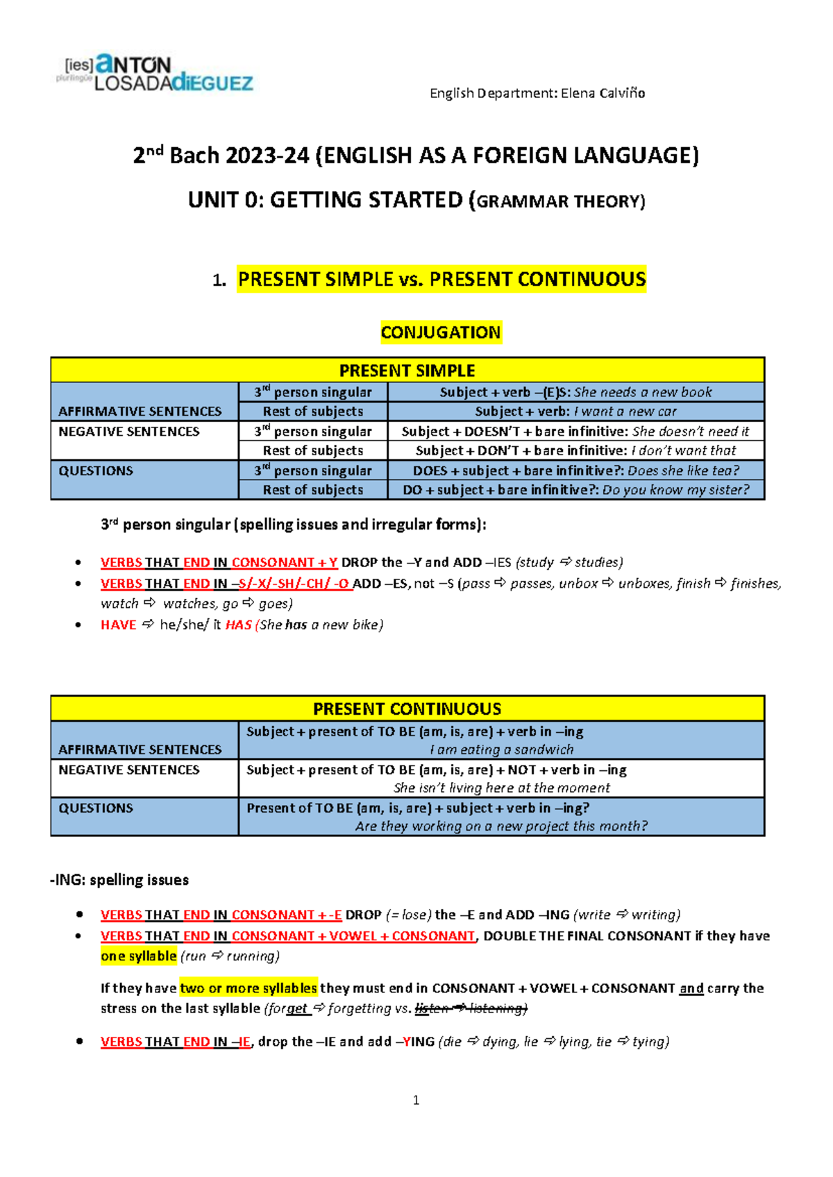 Unit 0. Getting started (theory) - 2 nd Bach 202 3 - 24 (ENGLISH AS A FOREIGN LANGUAGE) UNIT 0 ...