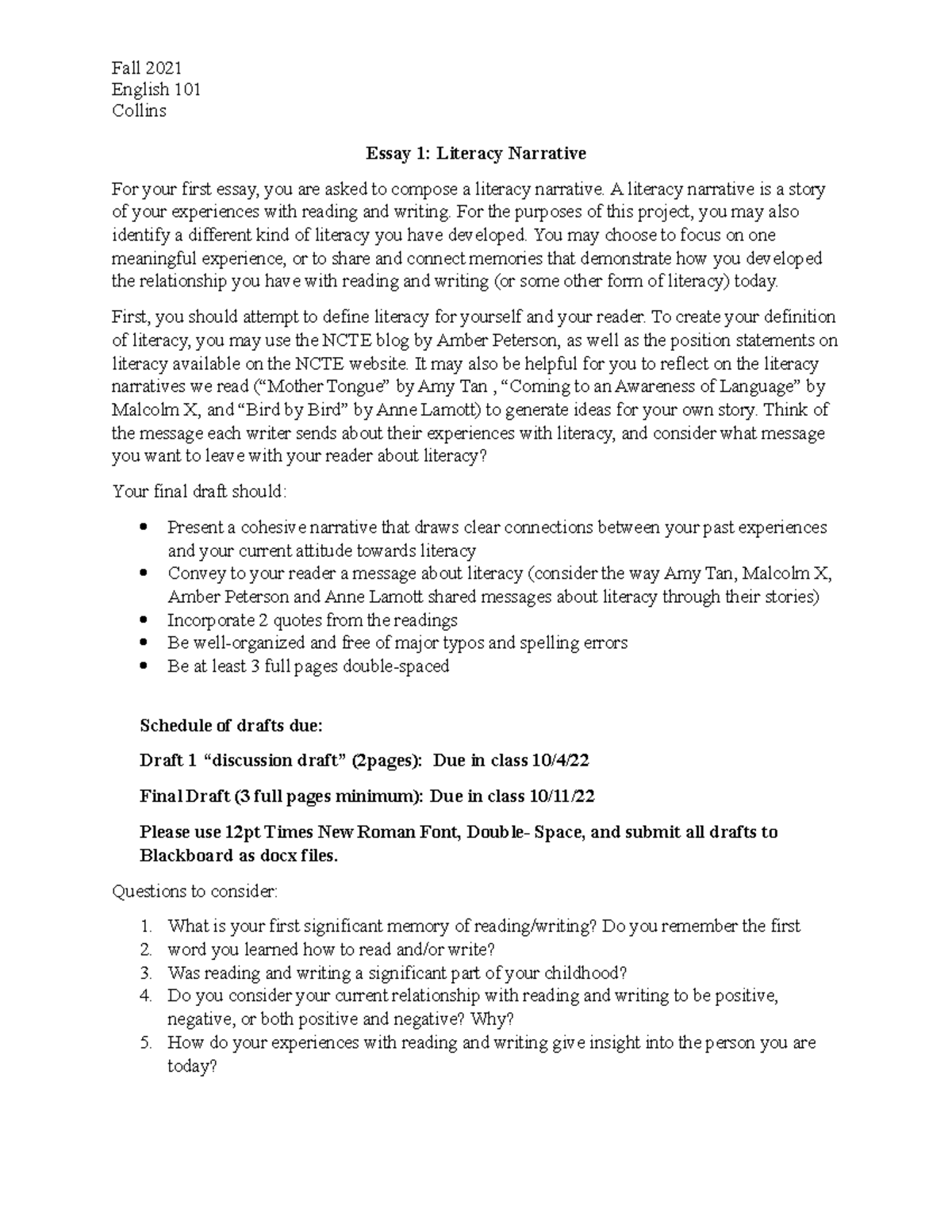 Fall 2022 Composition 1 Literacy Narrativr - Fall 2021 English 101 ...