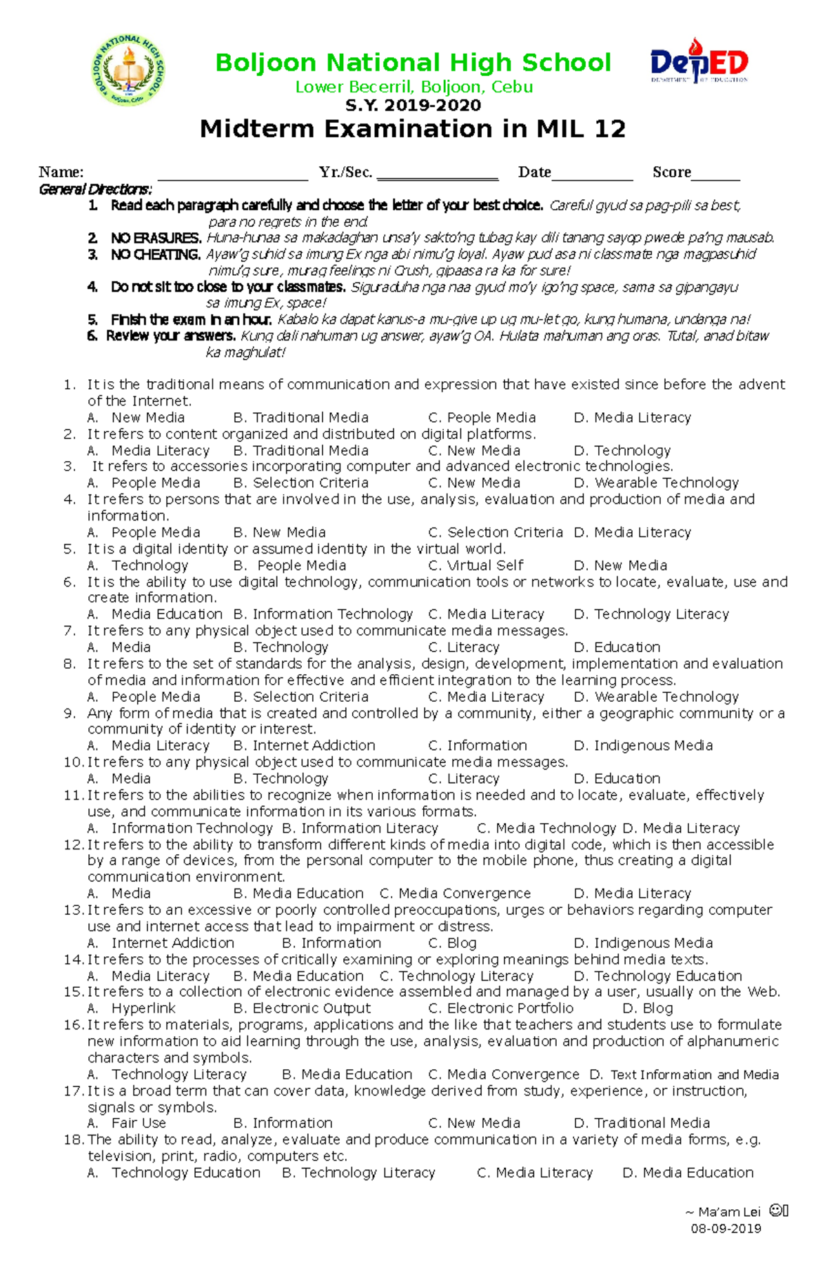 Midterm EXAM ON MIL - Boljoon National High School Lower Becerril ...