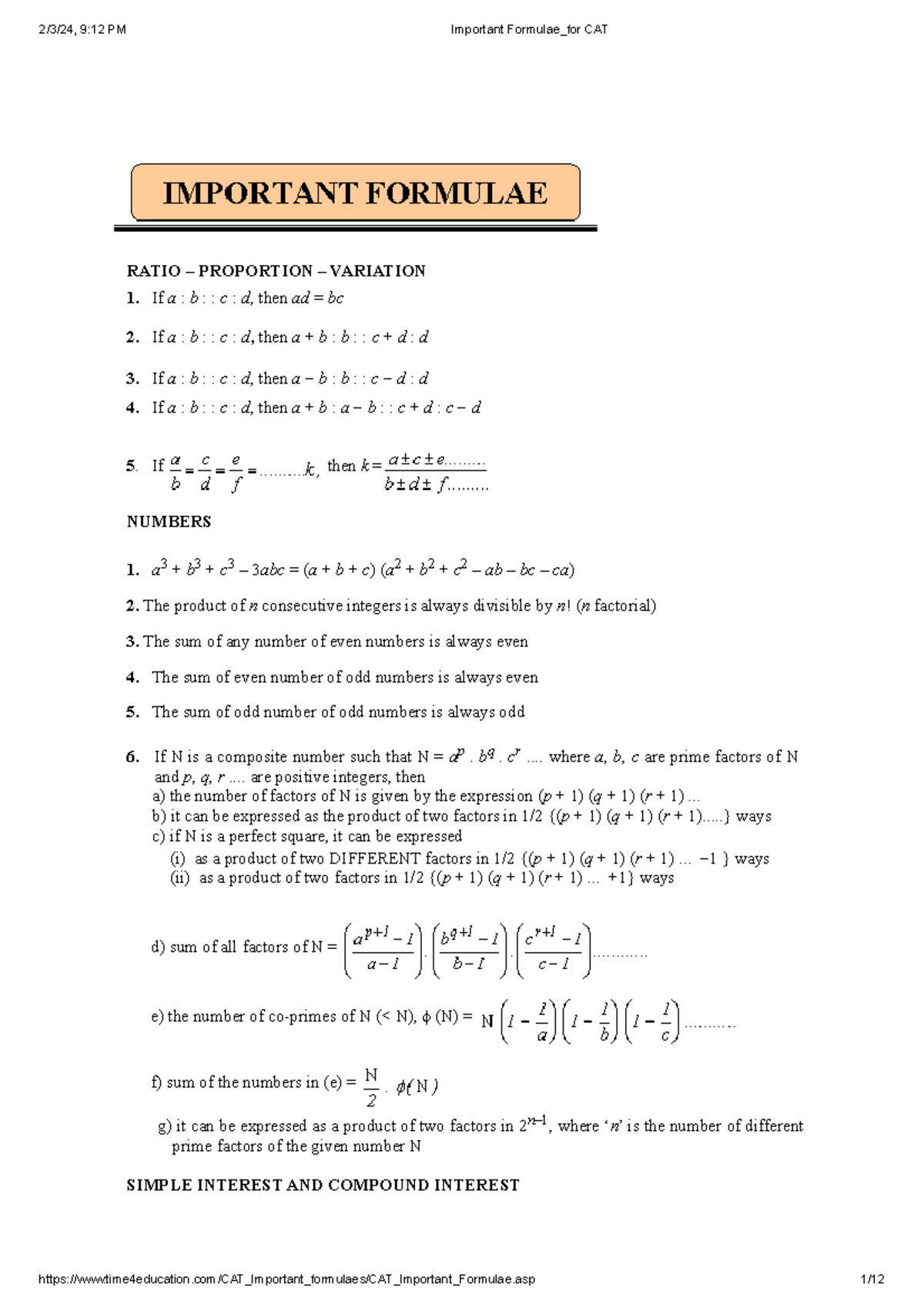 Important Formulae for CAT - RATIO – PROPORTION – VARIATION If a : b ...