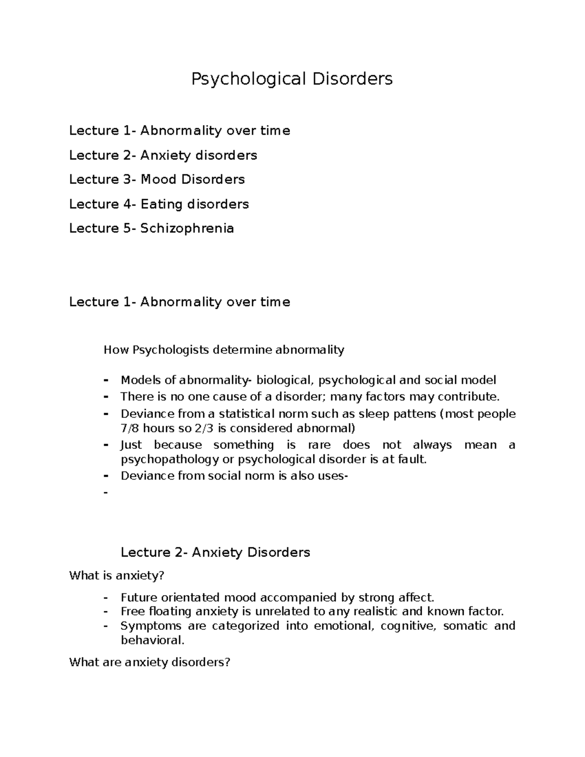 Psychological Disorders Notes from lectures 1-5 - Psychological ...