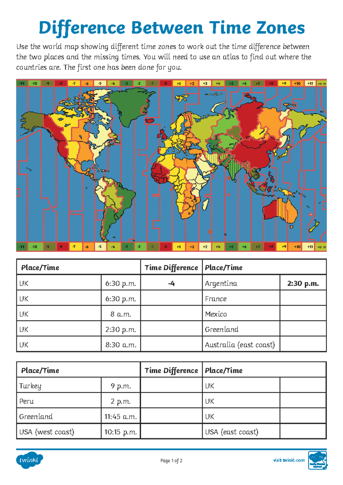 Time Zone for Mathematics Y5 - Use the world map showing different time ...