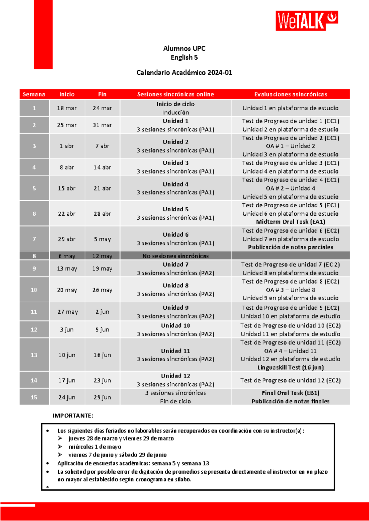 E5 Calendario Alumnos UPC 2024-01 - Alumnos UPC English 5 Calendario ...