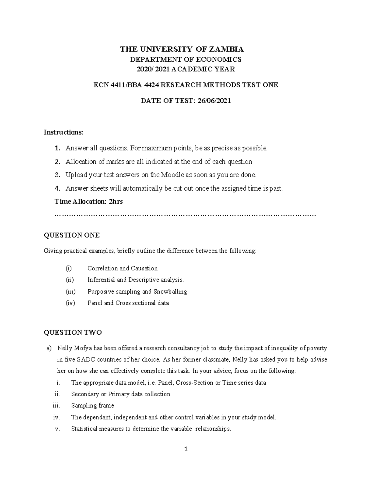 UNZA Research Test Two - THE UNIVERSITY OF ZAMBIA DEPARTMENT OF ...