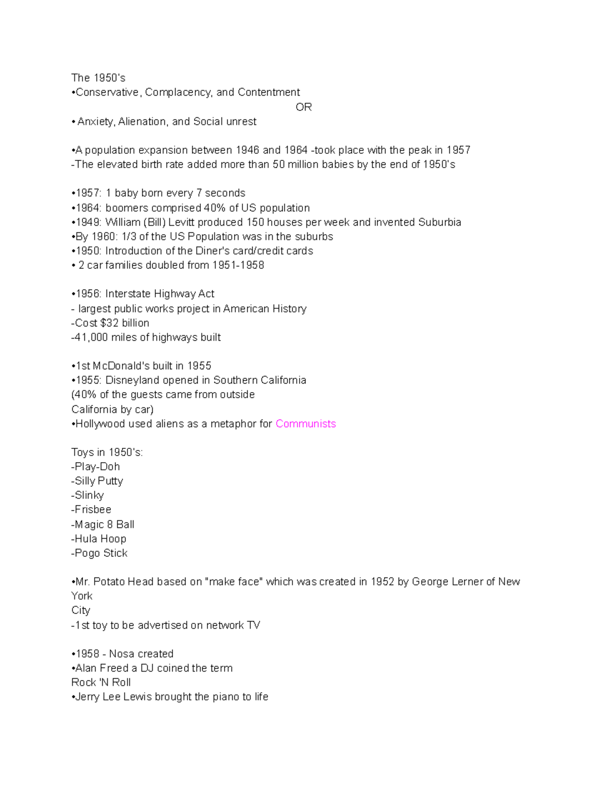 The 1950’s - This quiz was used to help study for a quiz and test ...