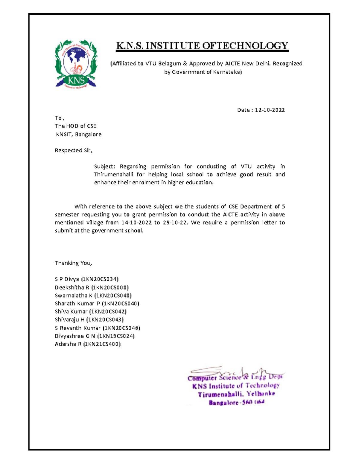 Activity 1 - To , The HOD of CSE KNSIT, Bangalore Respected Sir, K.N ...