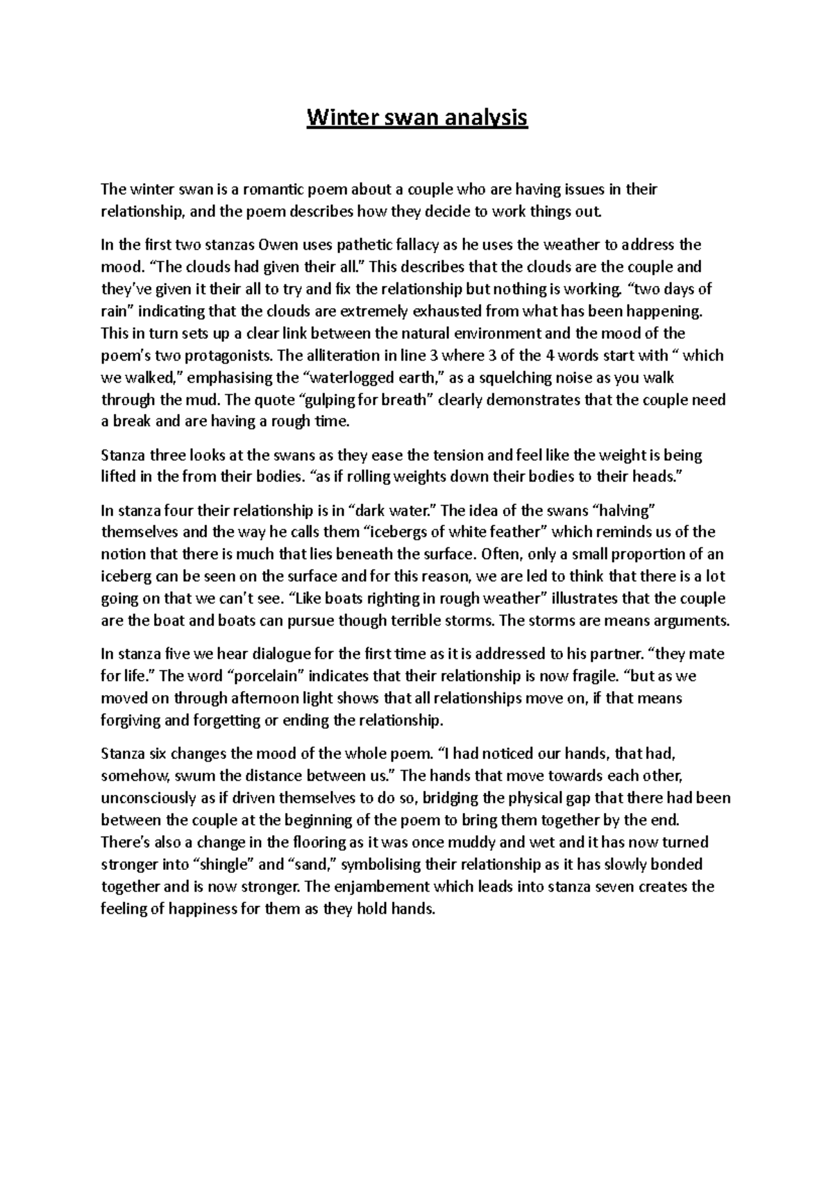 Winter swan analysis - In the first two stanzas Owen uses pathetic ...