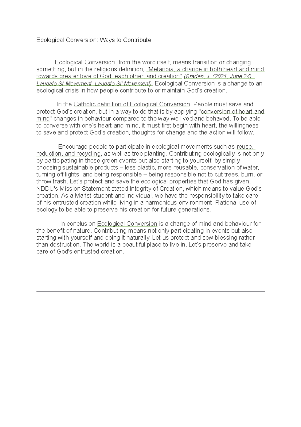 Ecological Conversion Essay - Ecological Conversion: Ways to Contribute Ecological Conversion ...