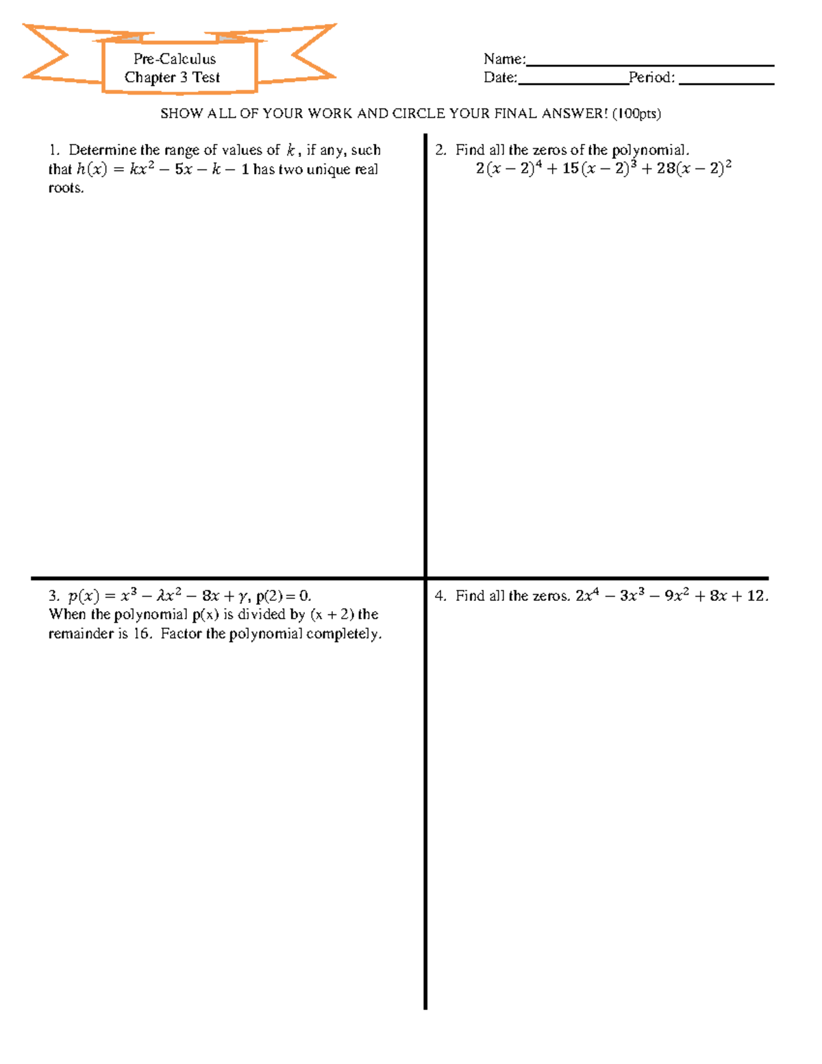 Chapter 3 Test B 2022-2023 - Pre-Calculus Name: Chapter 3 Test Date ...
