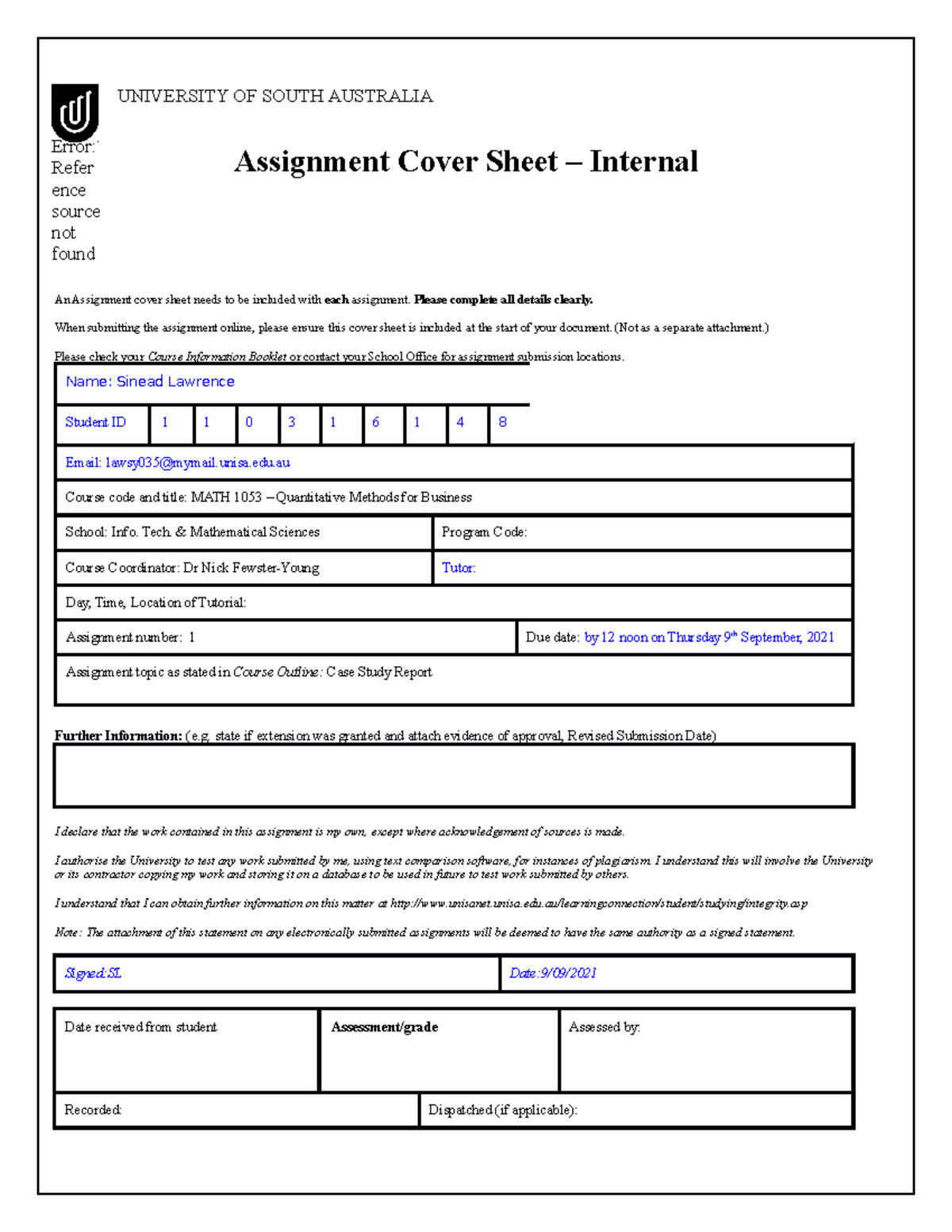 QMB MATH1053 Assignment 1 SP5 2021 Lawsy 035 110316148 - Error: Refer ...