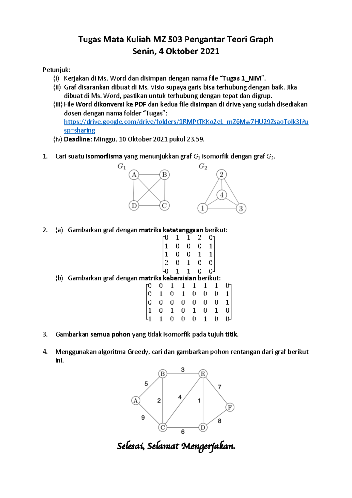 Tugas 1 MZ 503 Pengantar Teori Graph - Tugas Mata Kuliah MZ 503 ...