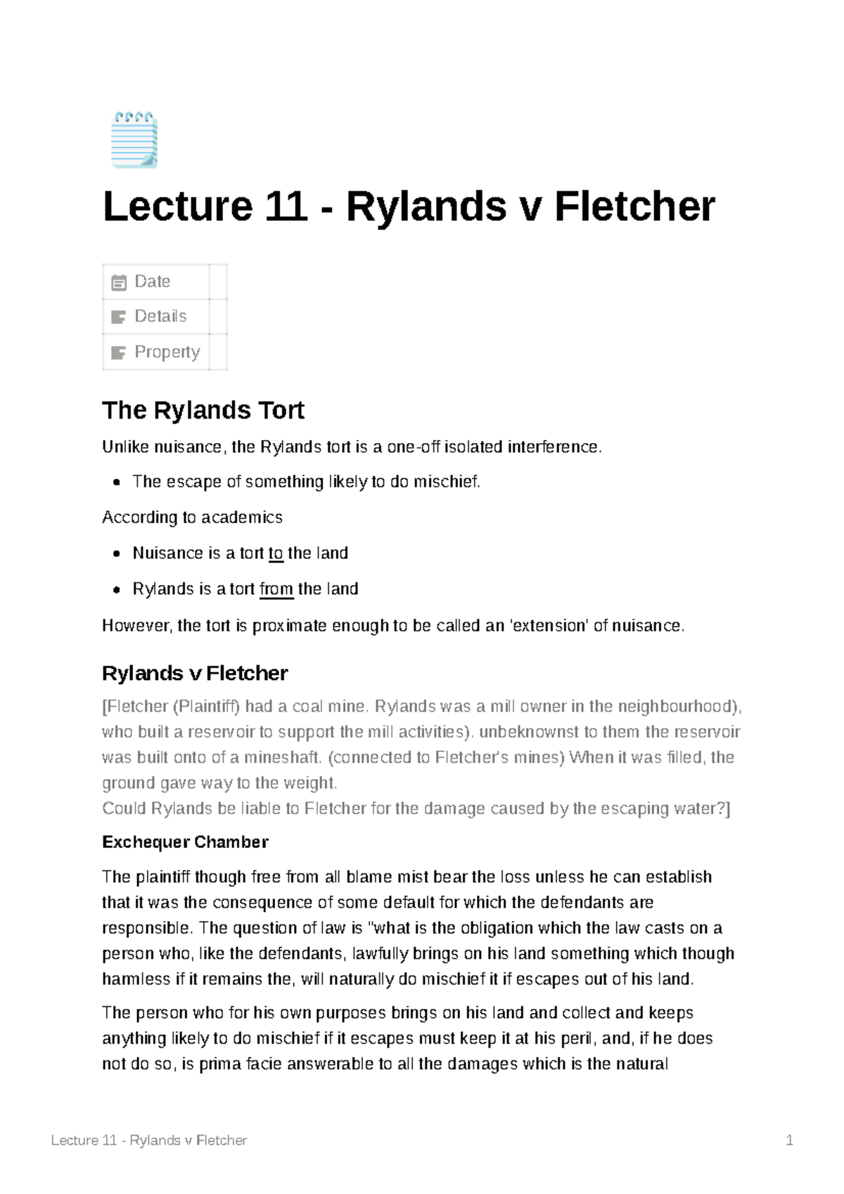 Lecture 11 - Rylands v Fletcher - 🗒 Lecture 11 - Rylands v Fletcher ...