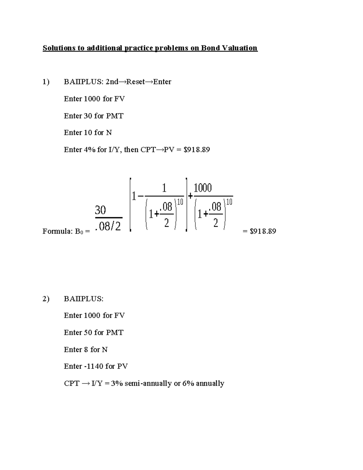 Solutions to additional practice problems on Bond Valuation F2021 - Solutions to additional ...