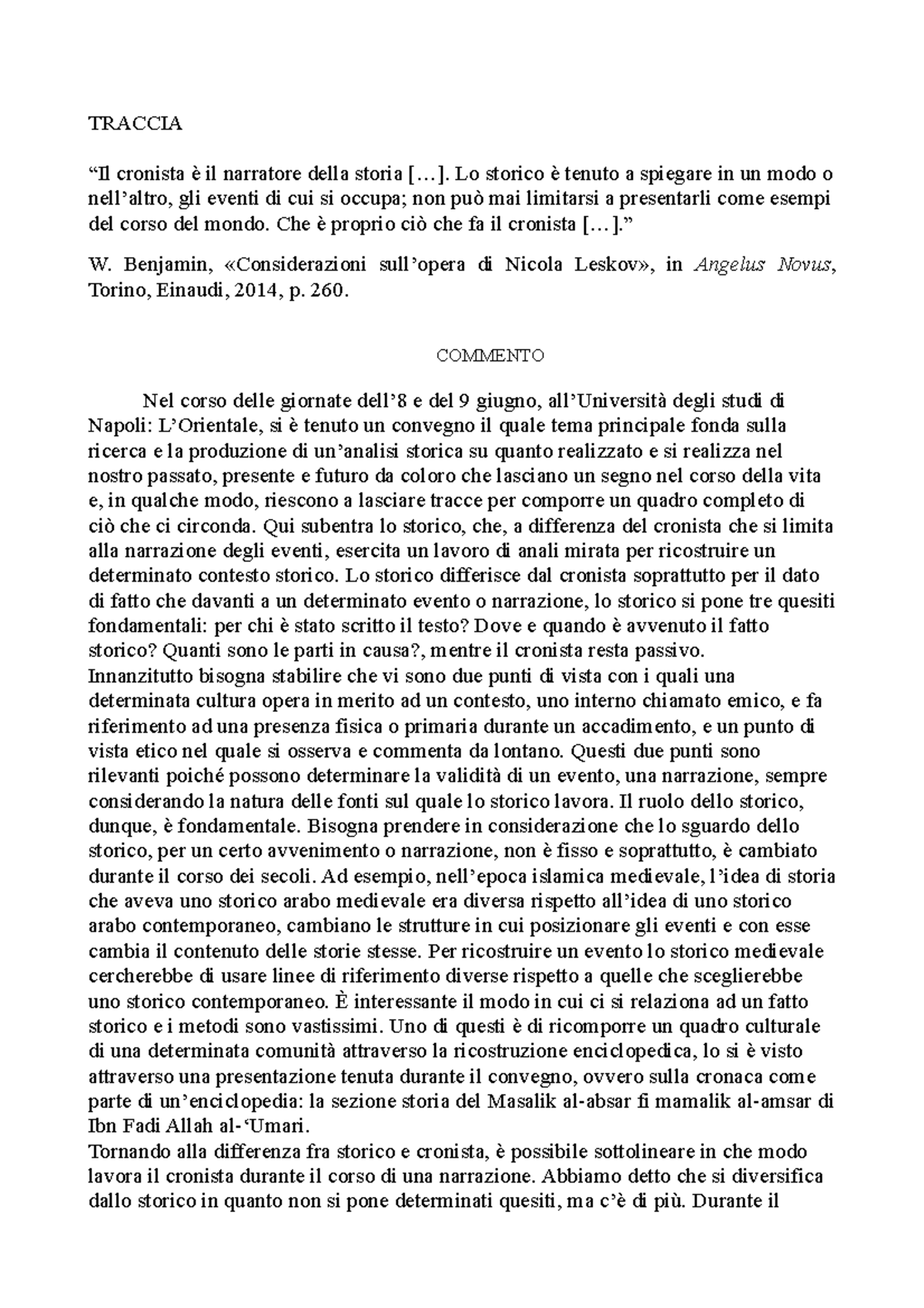 Commento personale su temi convegno come leggere una cronaaca - TRACCIA ...