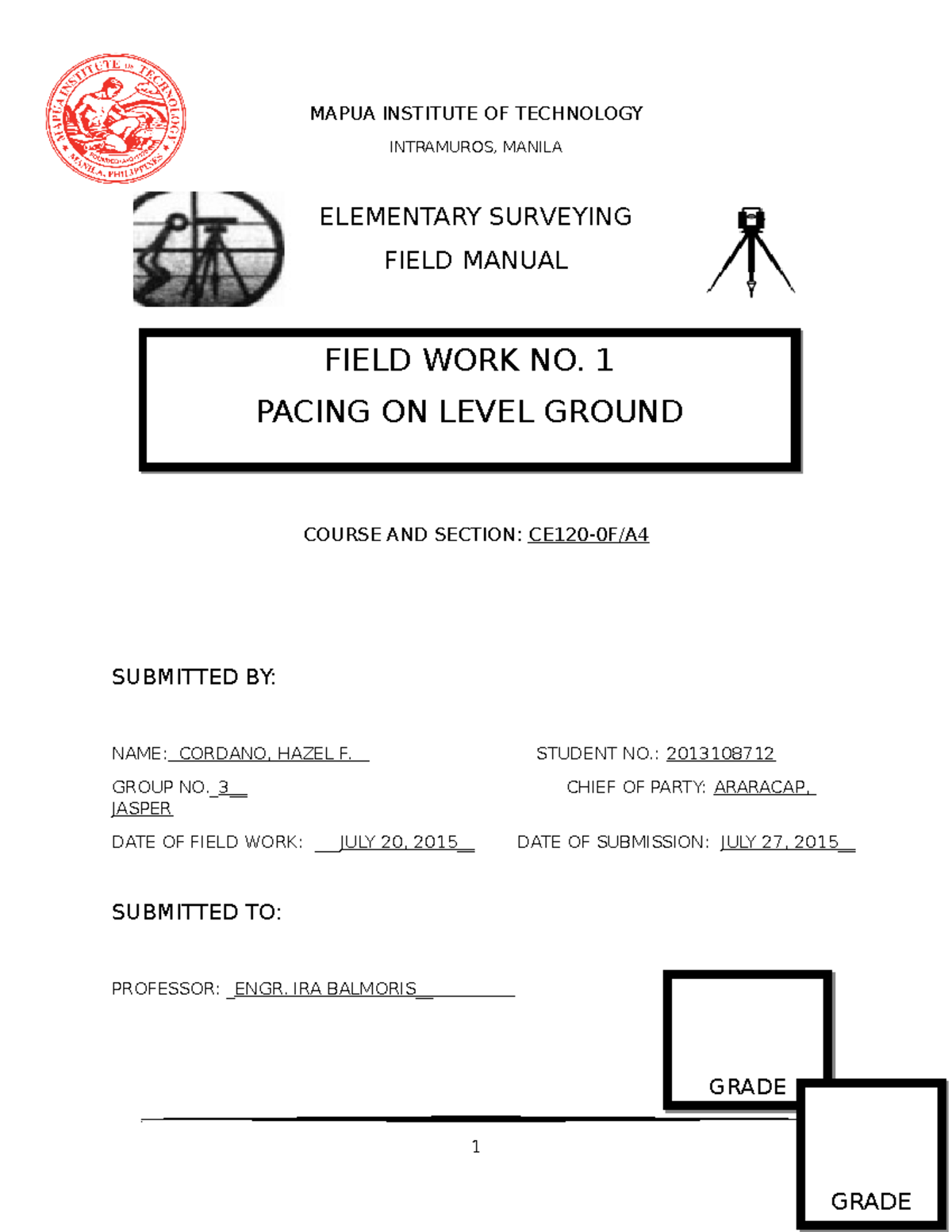 Fundamentals of surveying field 1 group poject - MAPUA INSTITUTE OF ...