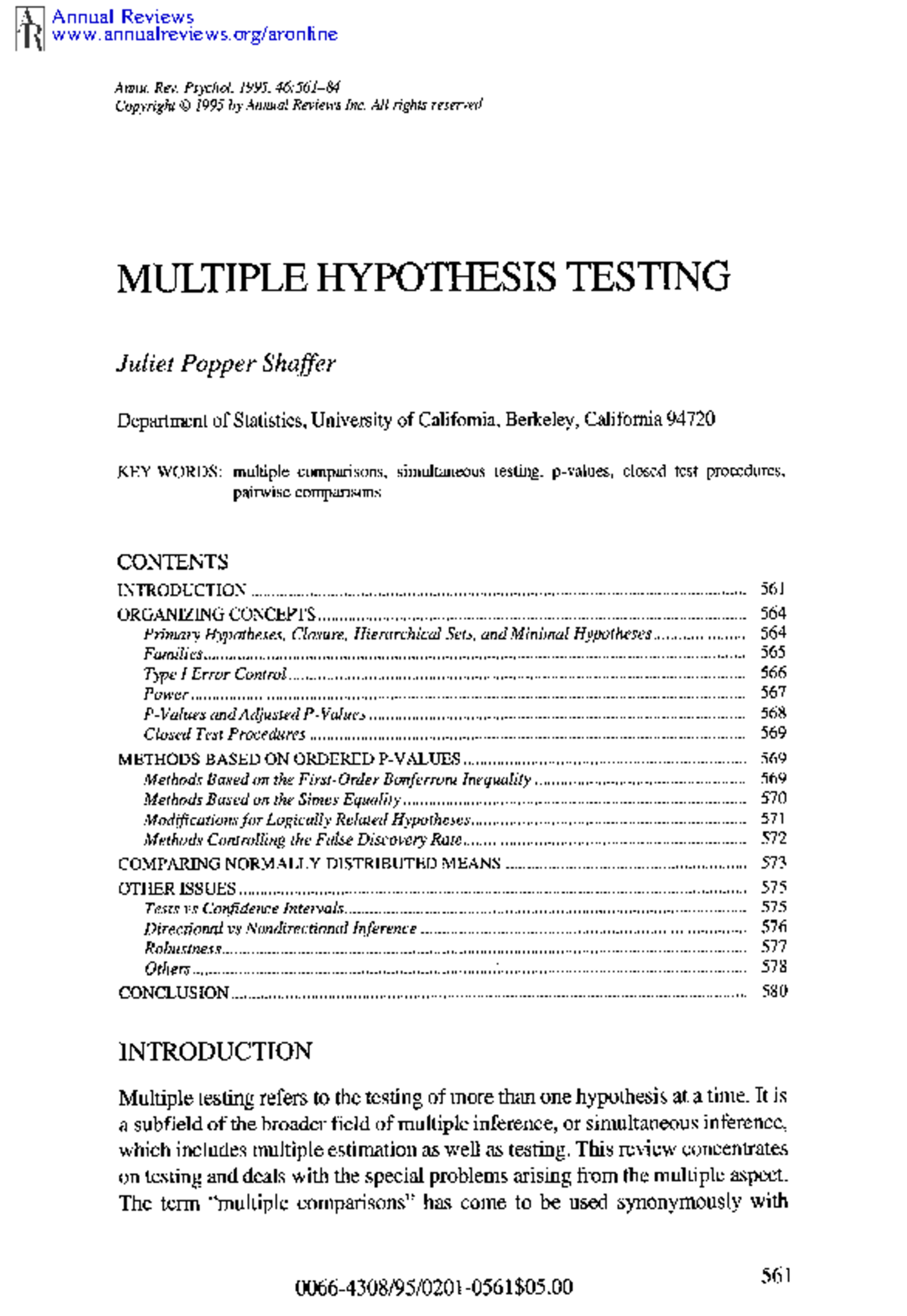 Shaffer (1995) multiple hypothesis testing - Ann~Rev. Psychol. 46:561 ...