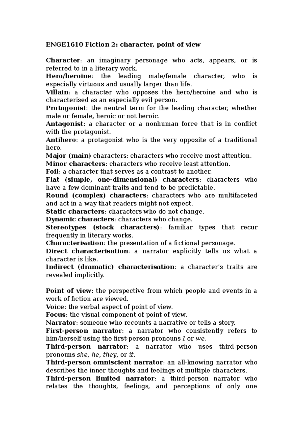 ENGE1610 fiction 2 - Lecture notes 5 - ENGE1610 Fiction 2: character ...