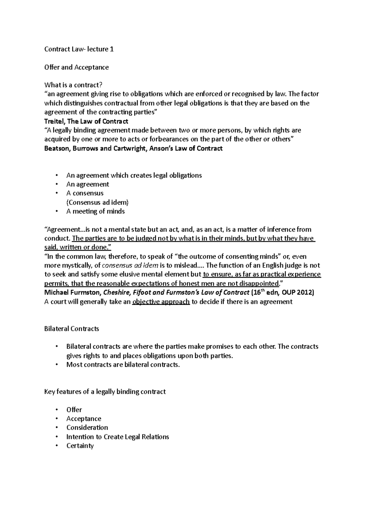 Contract Law- types of contract - Contract Law- lecture 1 Offer and ...