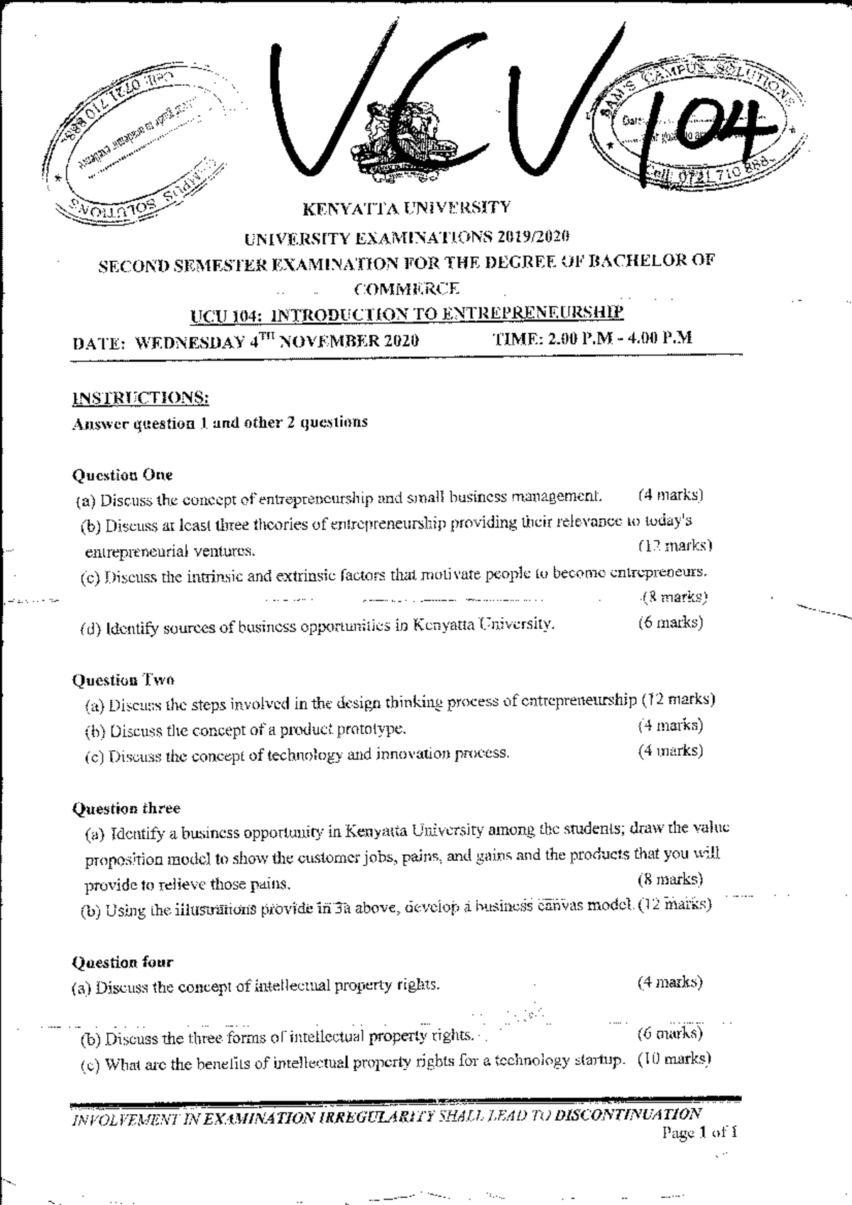 UCU 104 PP - KENYATTA UNIVERSITY UNIVERSITY EXAIVlINATIONS 2019/ SECOND ...