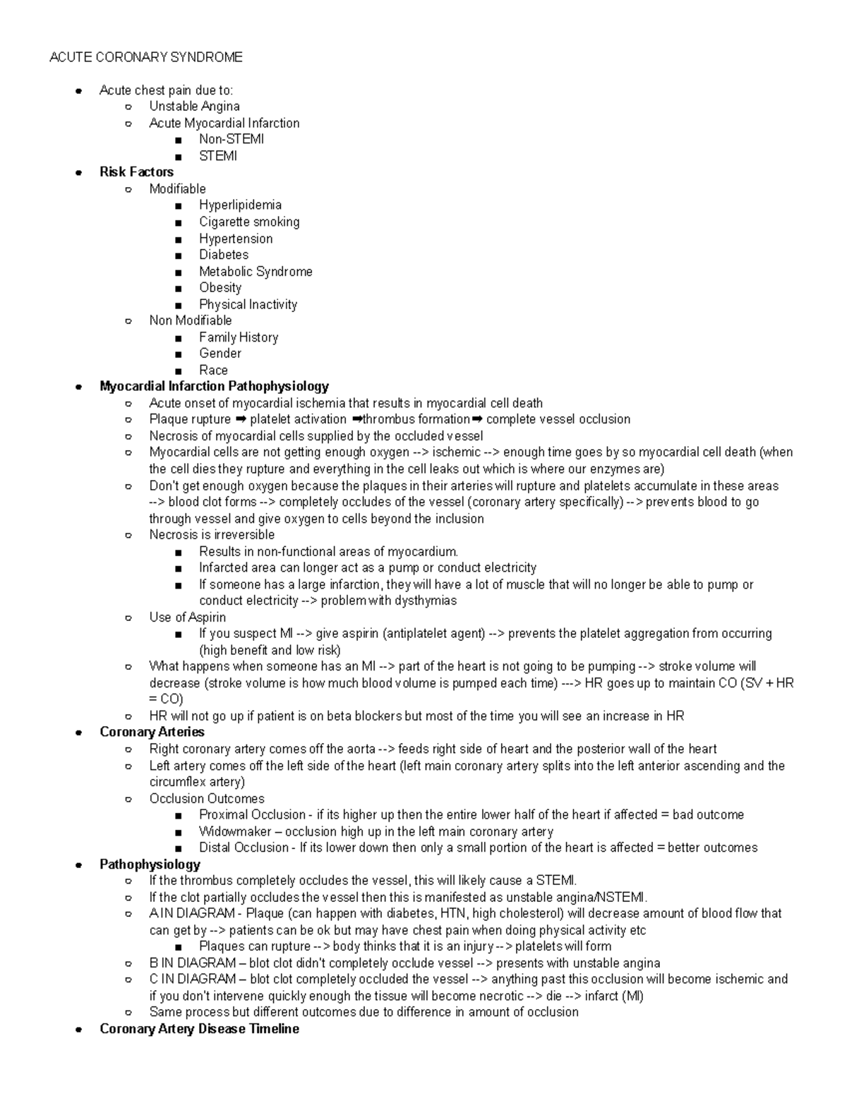 Junior Med Surg Exam 1 Notes - ACUTE CORONARY SYNDROME Acute chest pain ...