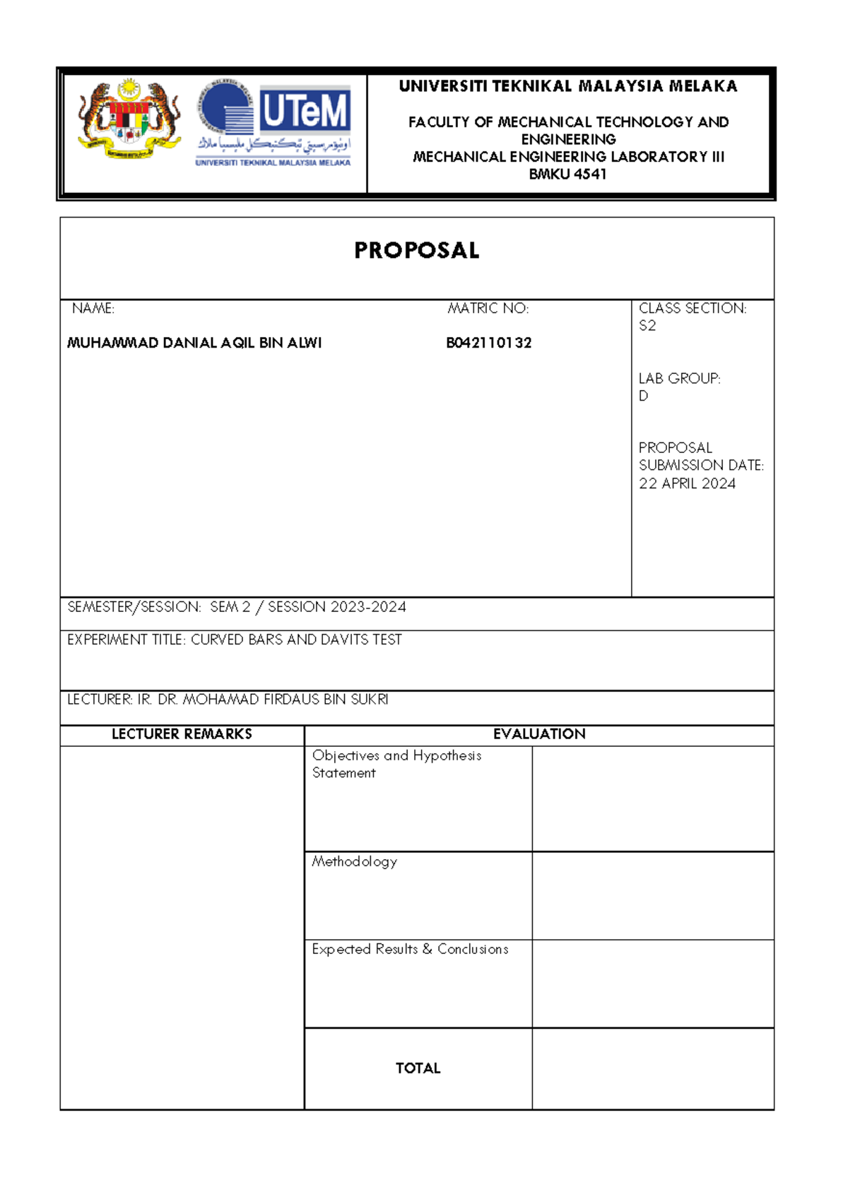 Lab2 Exp S3 Proposal Proposal Name Matric No Muhammad Danial Aqil Bin Alwi B Class Section